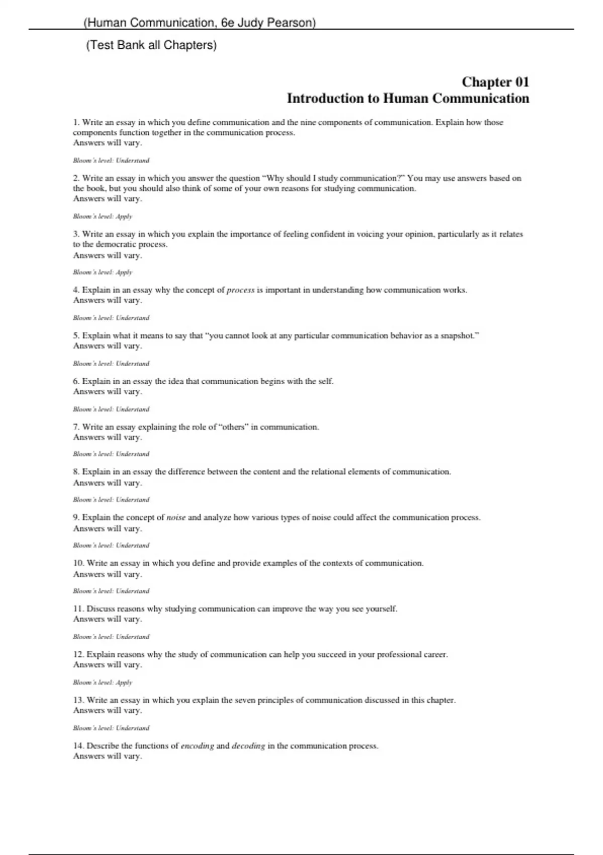 Human Communication 6th Edition By Judy Pearson (Test Bank) - Human ...