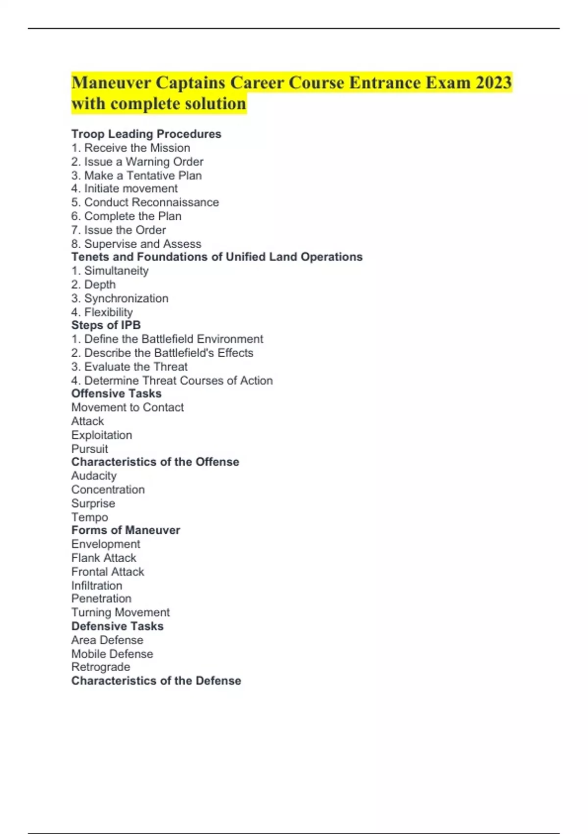 Maneuver Captains Career Course Entrance Exam 2023 with complete ...