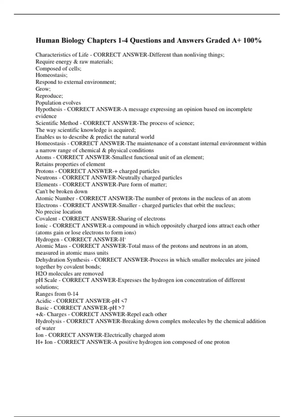 Human Biology Chapters 1-4 Questions and Answers Graded A+ 100% - Human ...