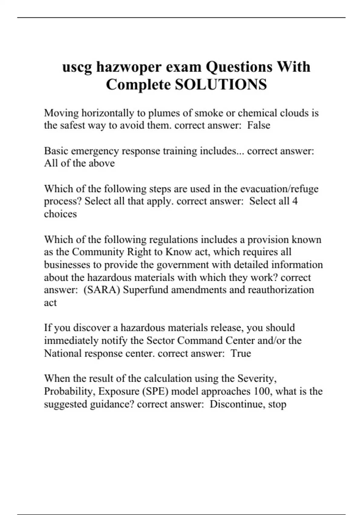 uscg hazwoper exam Questions With Complete SOLUTIONS - Hazwoper 40 ...