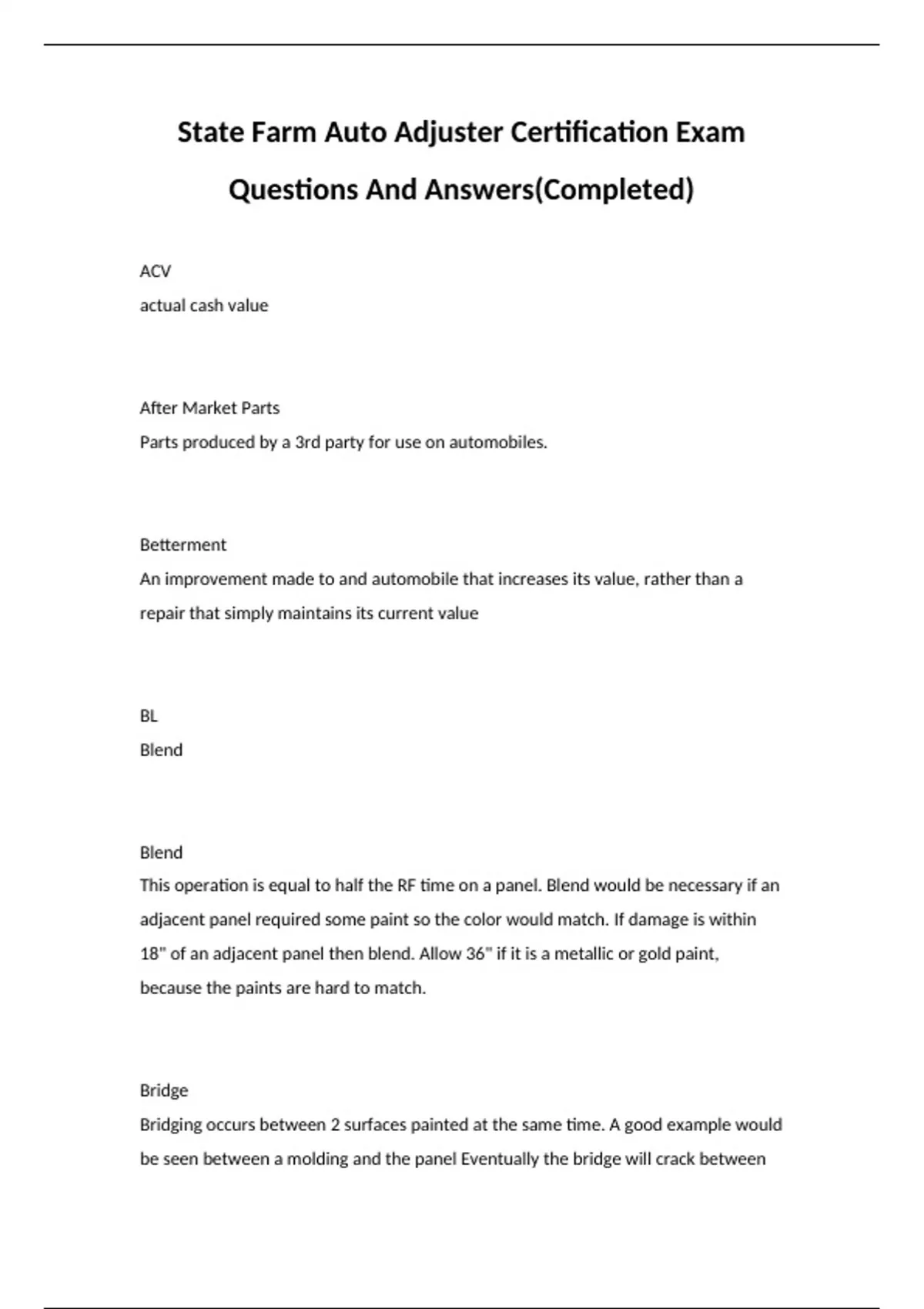 State Farm Auto Adjuster Certification Exam Questions And Answers ...