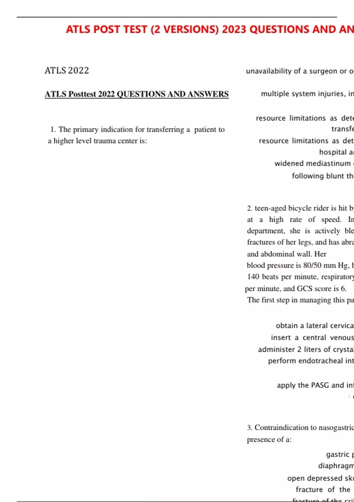 ATLS POST TEST 2 VERSIONS 2023 QUESTIONS AND ANSWERS ATLS Stuvia US