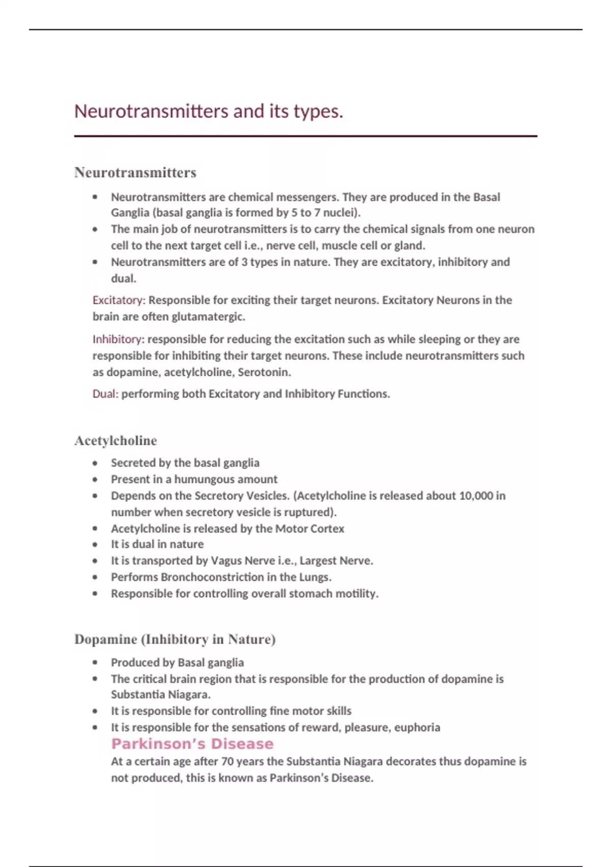 Class Notes: Neurotransmitters and its types - PHYL101 (PHYSIOLOGY ...