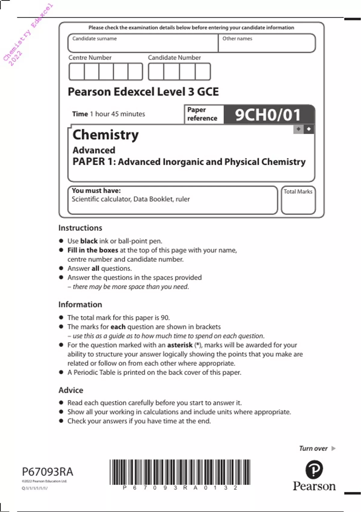A-Level June 2022 Chemistry PAPER 1: Advanced Inorganic and Physical ...