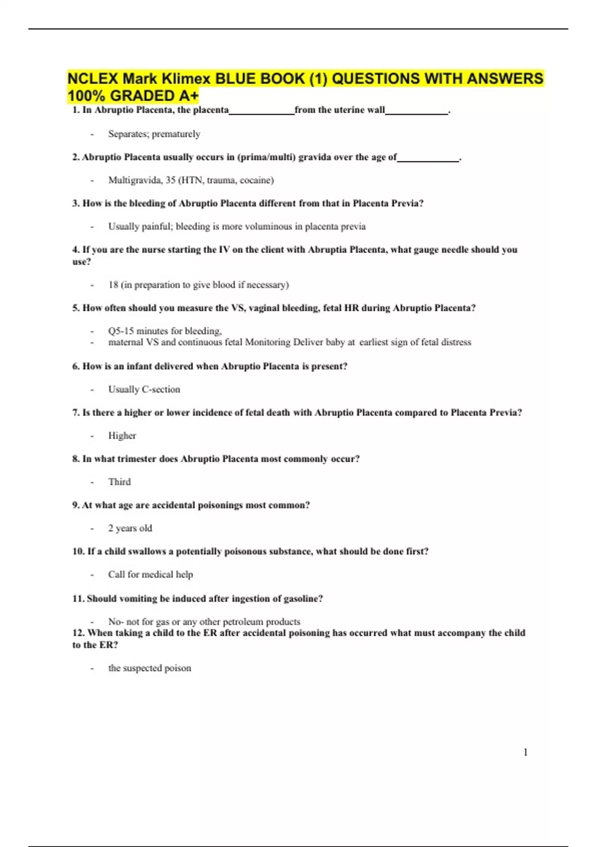 NCLEX Mark Klimex BLUE BOOK (1) QUESTIONS WITH ANSWERS 100% GRADED A+ ...