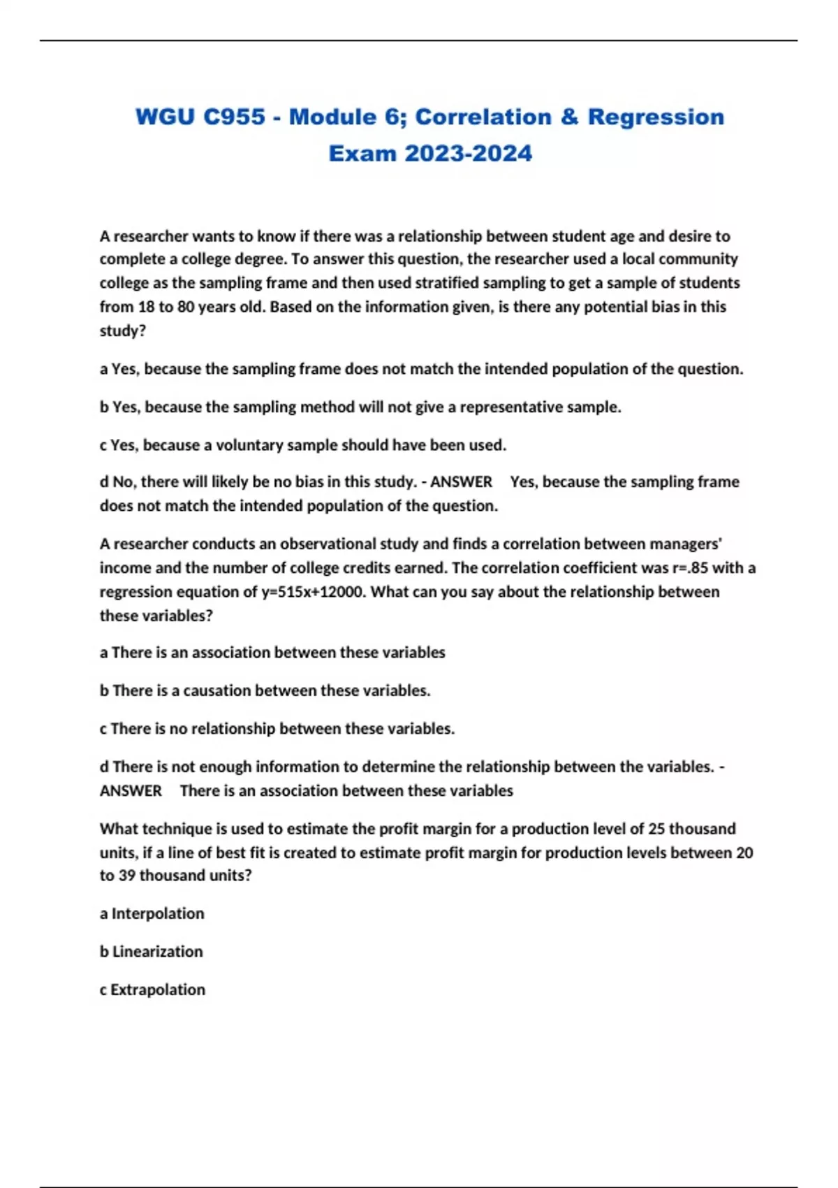 WGU C955 - Module 6; Correlation & Regression Exam - WGU C955 - Module 6; Correlation ...