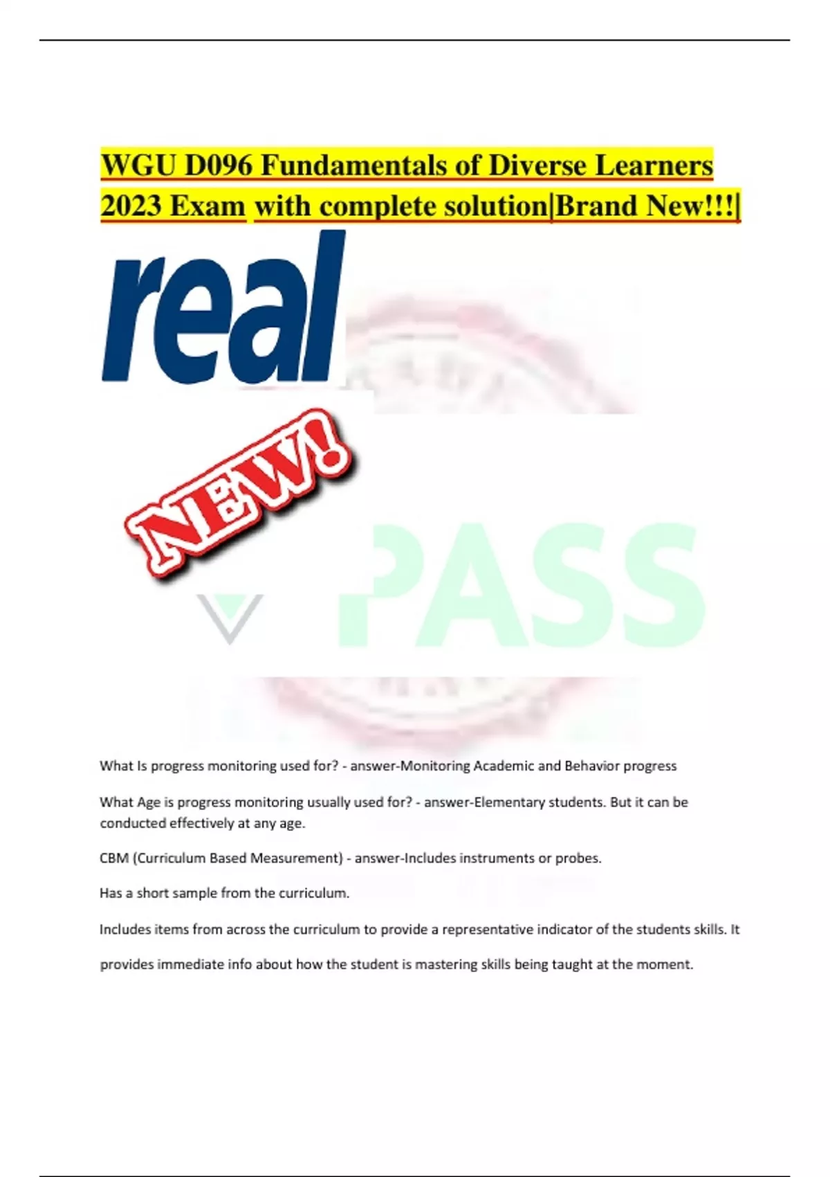 WGU D096 Fundamentals of Diverse Learners 2023 Exam with complete ...