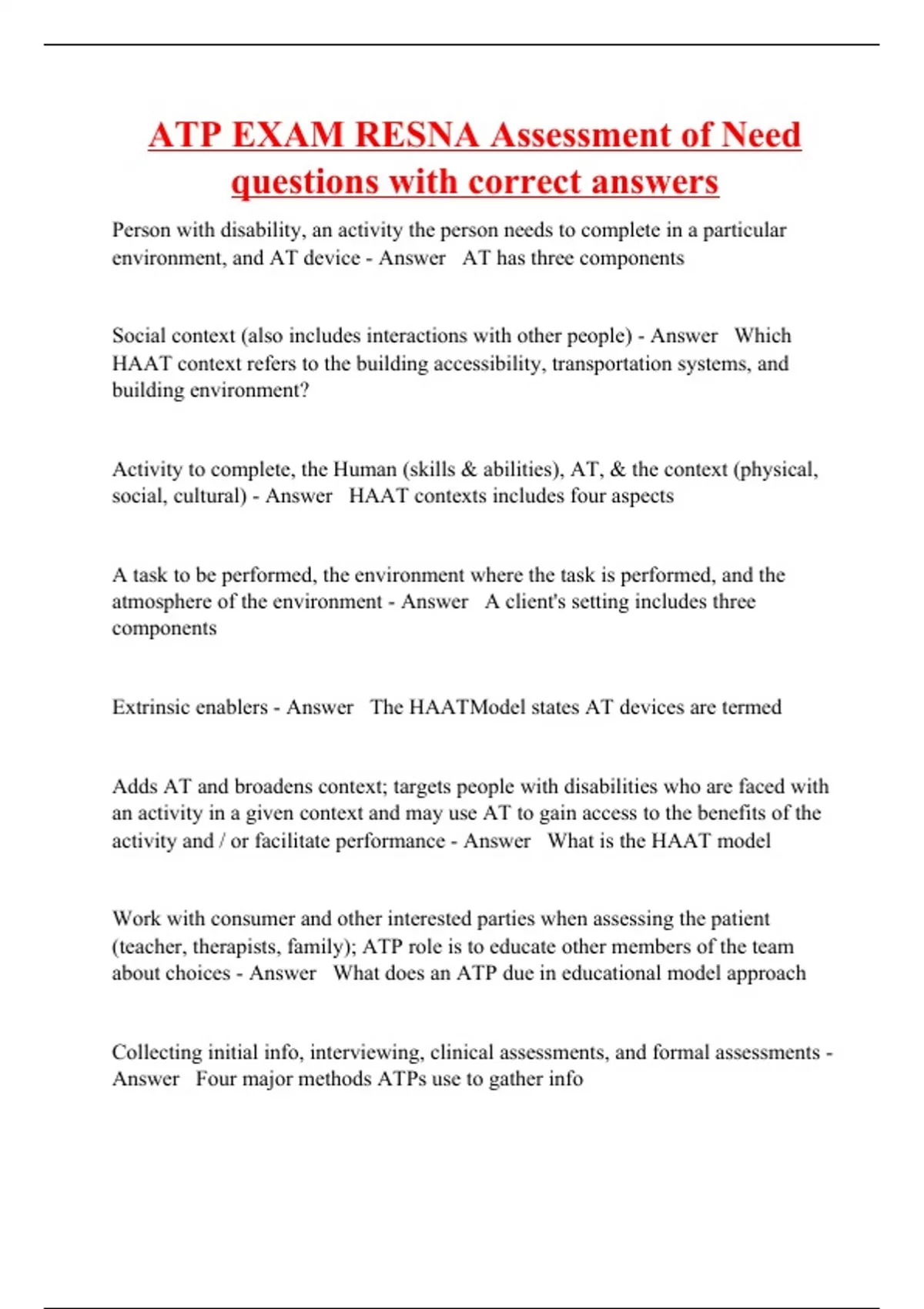 ATP EXAM RESNA Assessment of Need questions with correct answers ...