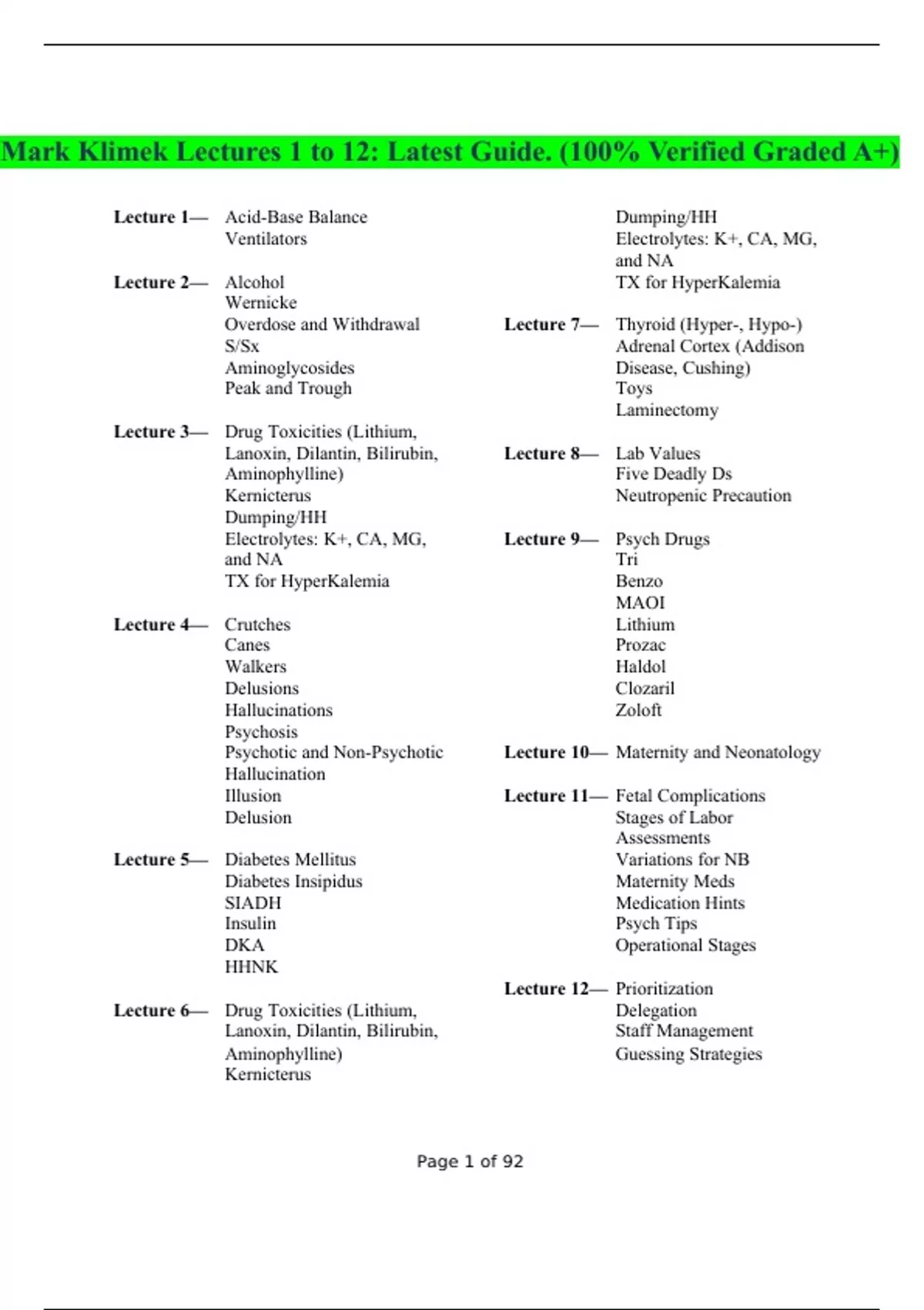 Mark Klimek Lectures 1 to 12: Latest Guide. (100% Verified Graded A+ ...