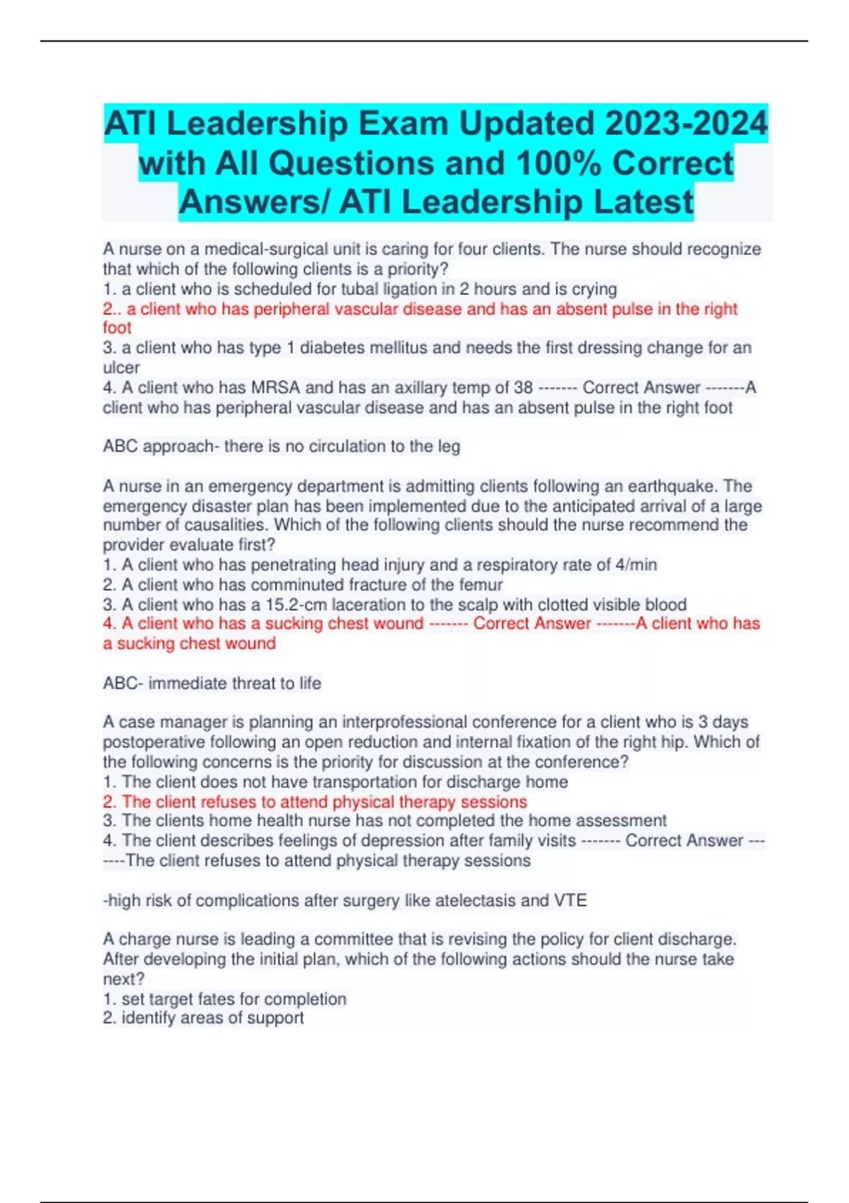 ATI Leadership Exam Updated with All Questions and 100% Correct Answers ...