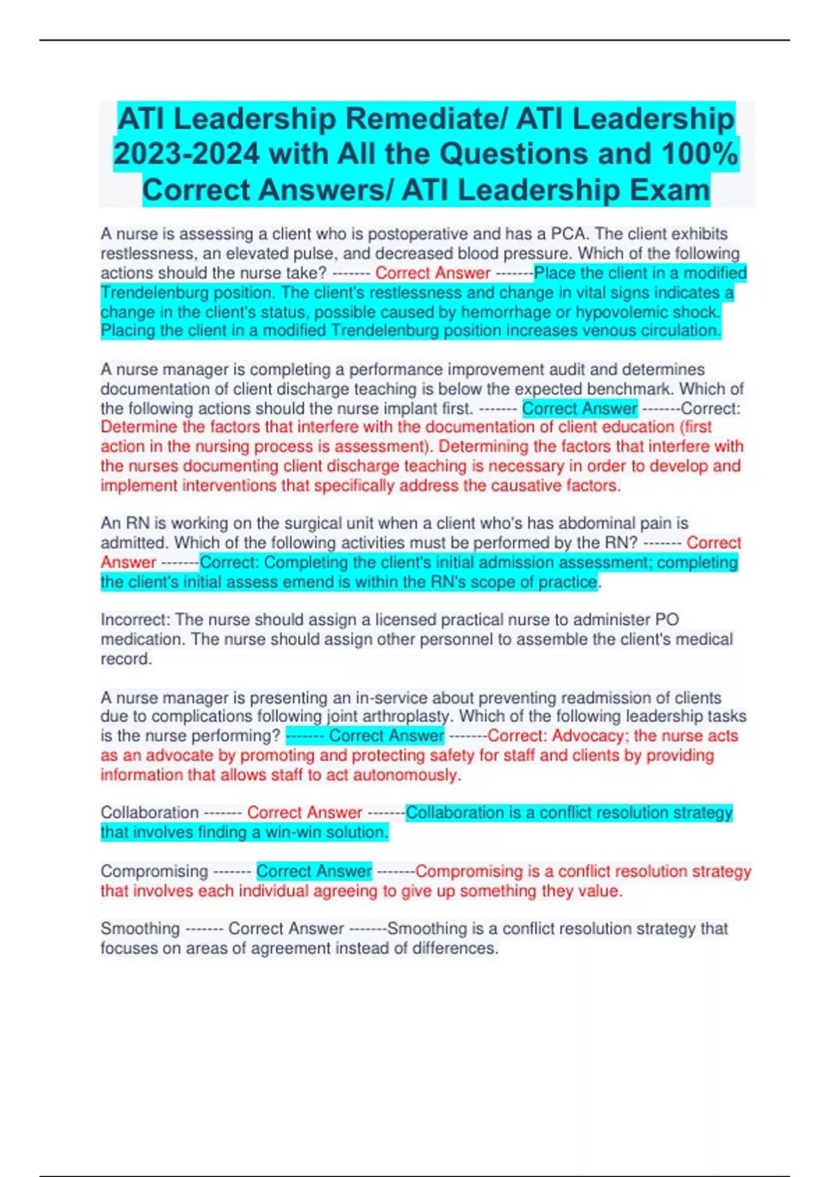 ATI Leadership Remediate/ ATI Leadership with All the Questions and 100% Correct Answers/ ATI ...