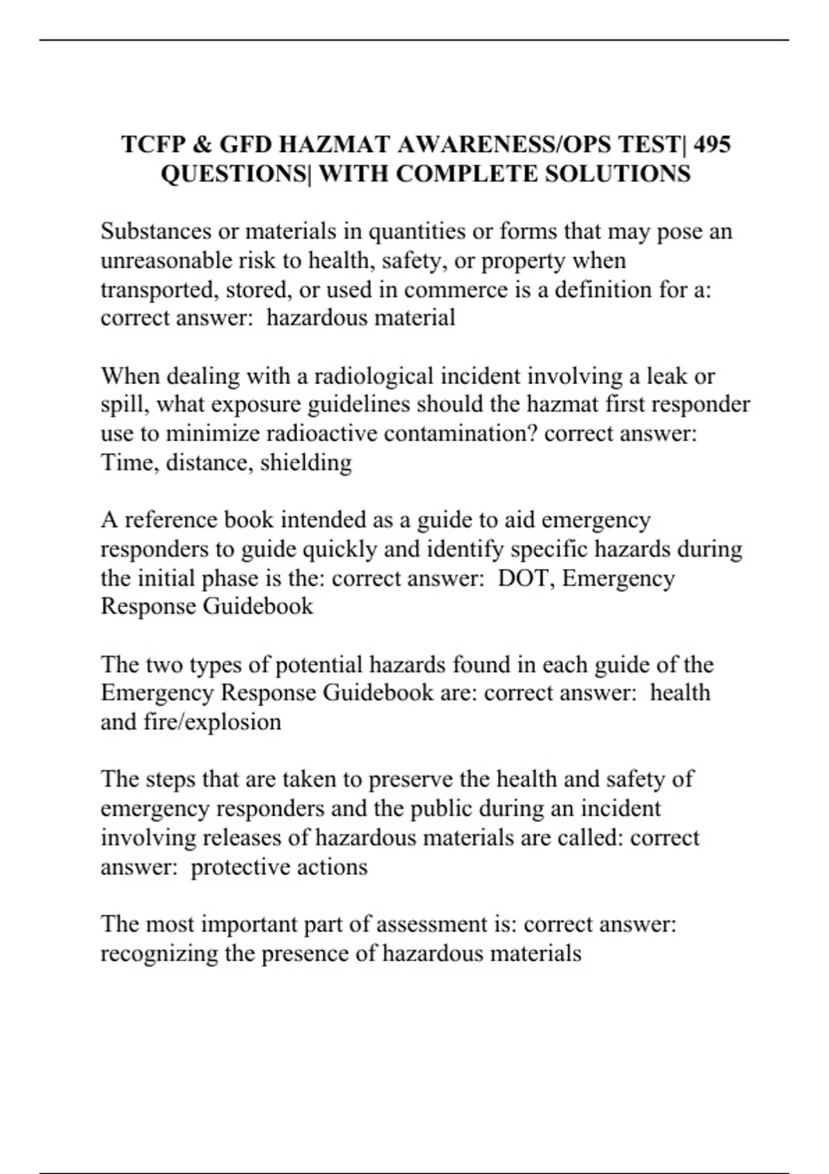 TCFP & GFD HAZMAT AWARENESS/OPS TEST| 495 QUESTIONS| WITH COMPLETE ...