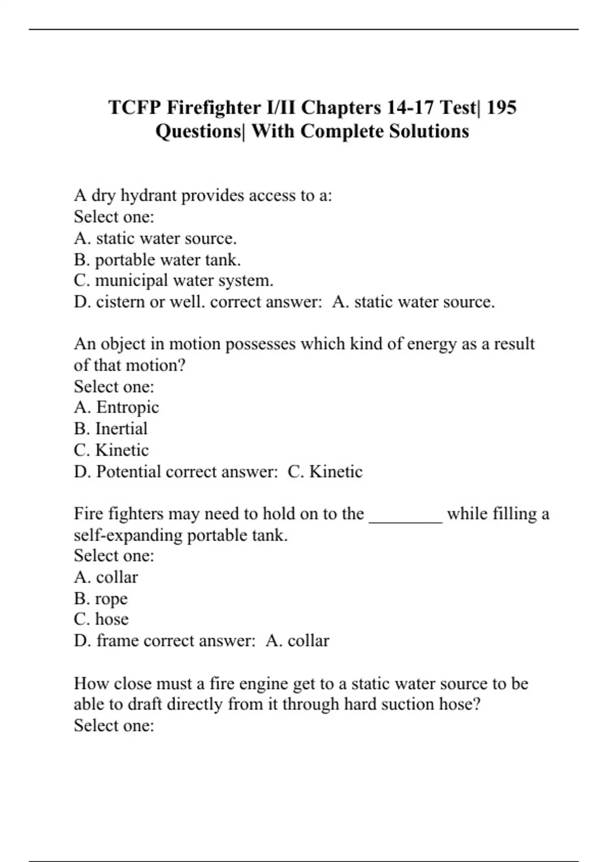 TCFP Firefighter I/II Chapters 14-17 Test| 195 Questions| With Complete ...