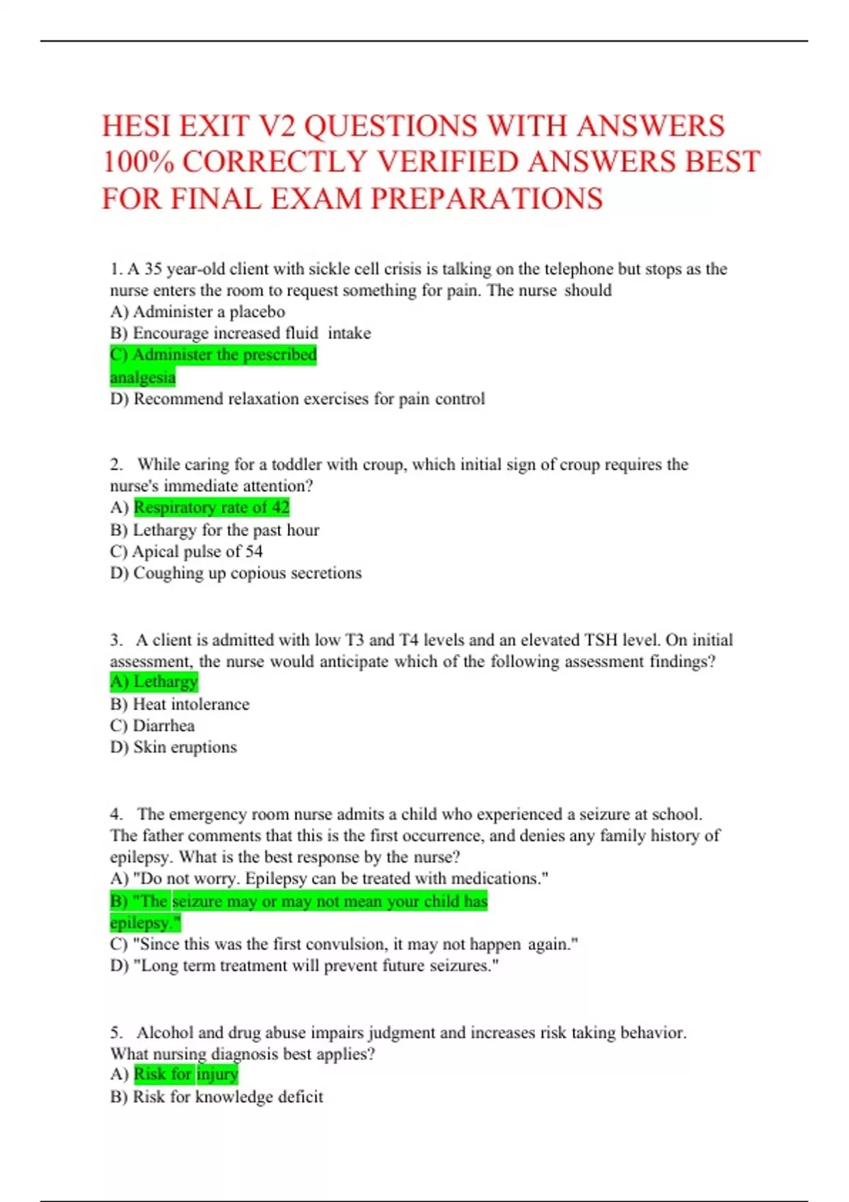 HESI EXIT V2 QUESTIONS WITH ANSWERS 100% CORRECTLY VERIFIED ANSWERS ...