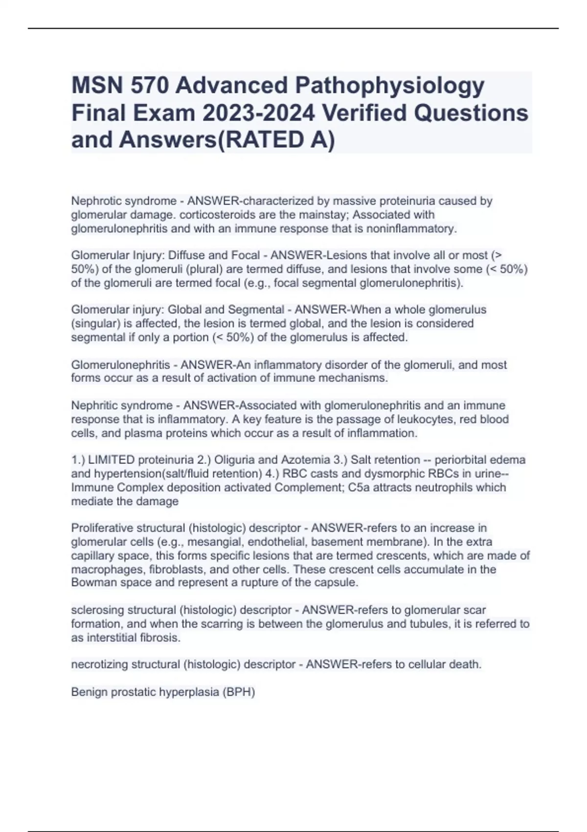 MSN 570 Advanced Pathophysiology Final Exam Verified Questions and ...