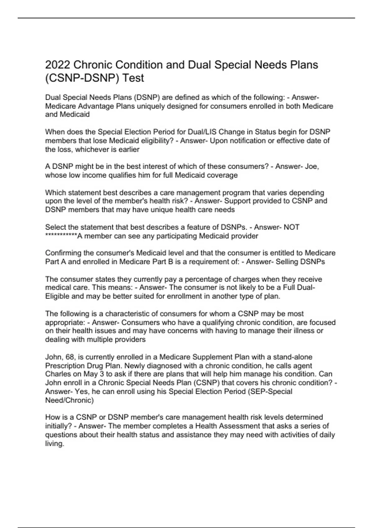 2022 Chronic Condition and Dual Special Needs Plans (CSNP-DSNP) Test ...