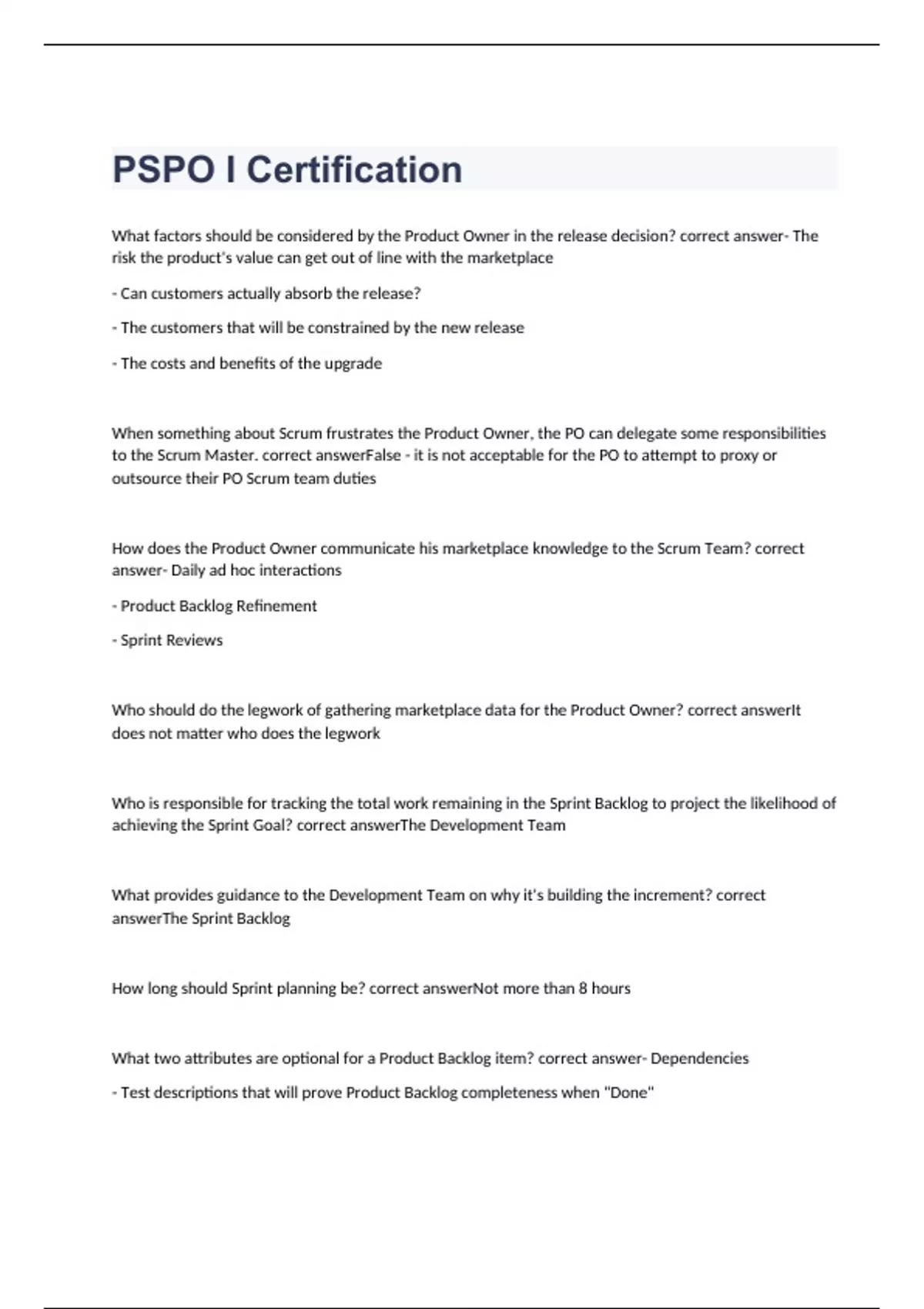 PSPO I Certification exam 2023 with 100% correct answers - PSPO I Certification - Stuvia US