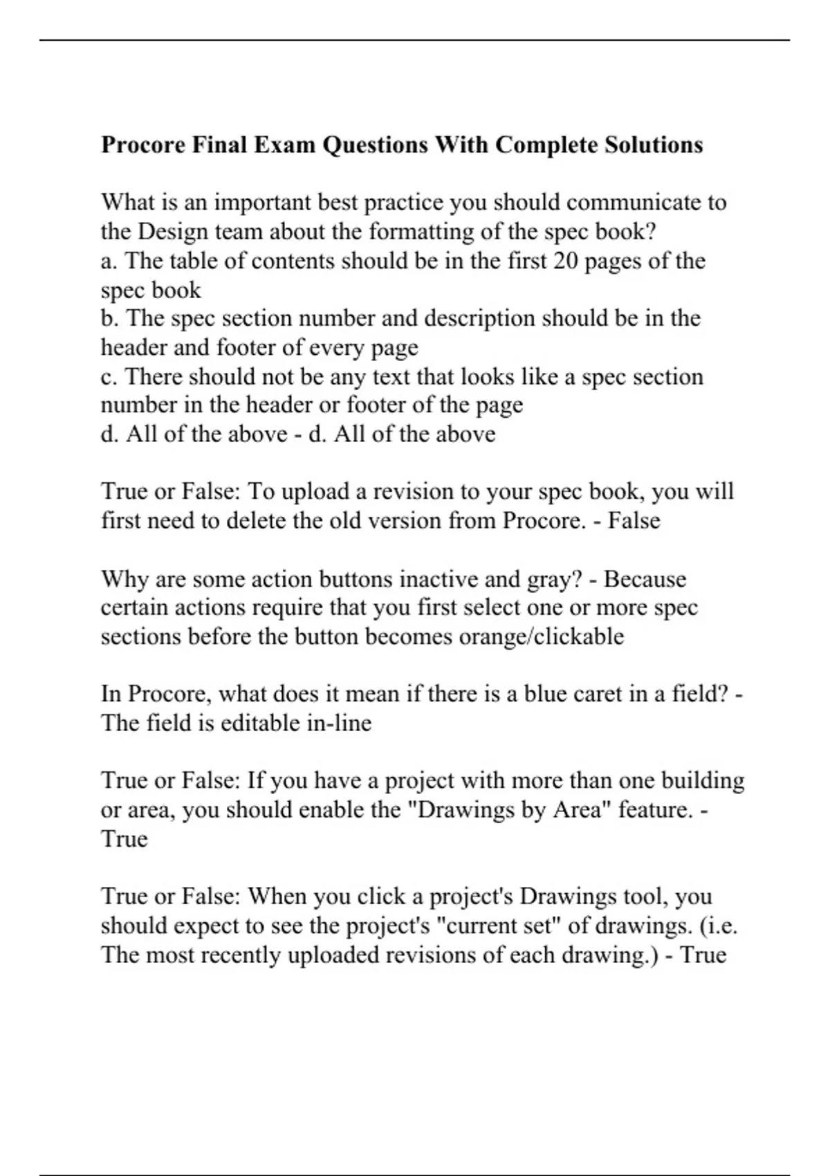 Procore Final Exam Questions With Complete Solutions Procore Stuvia US