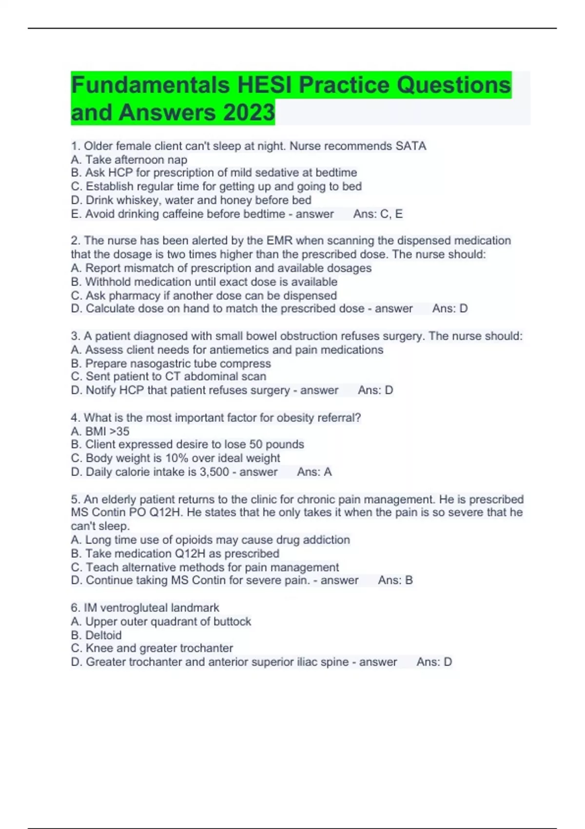 Fundamentals HESI Practice Questions and Answers 2023 - Hesi ...