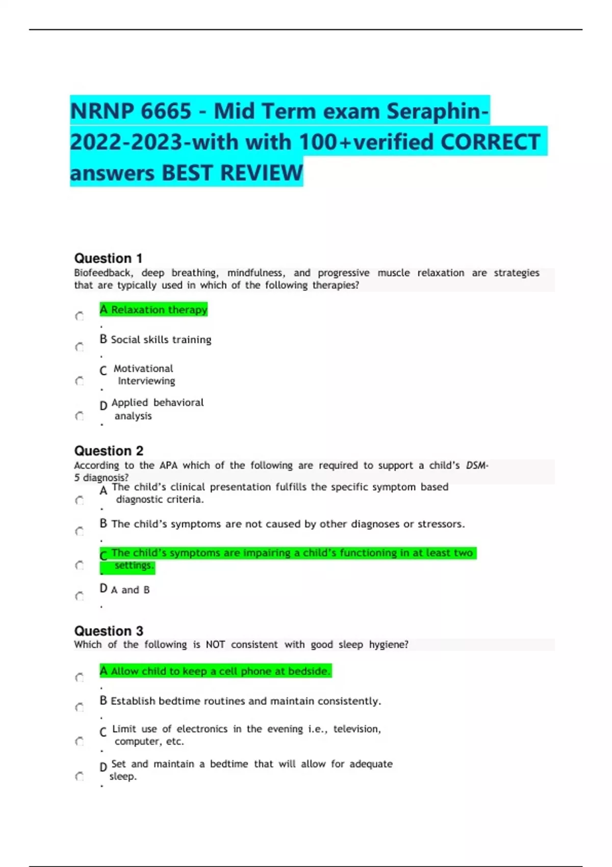 NRNP 6665 – Mid Term exam Seraphin- -with with 100+verified CORRECT ...