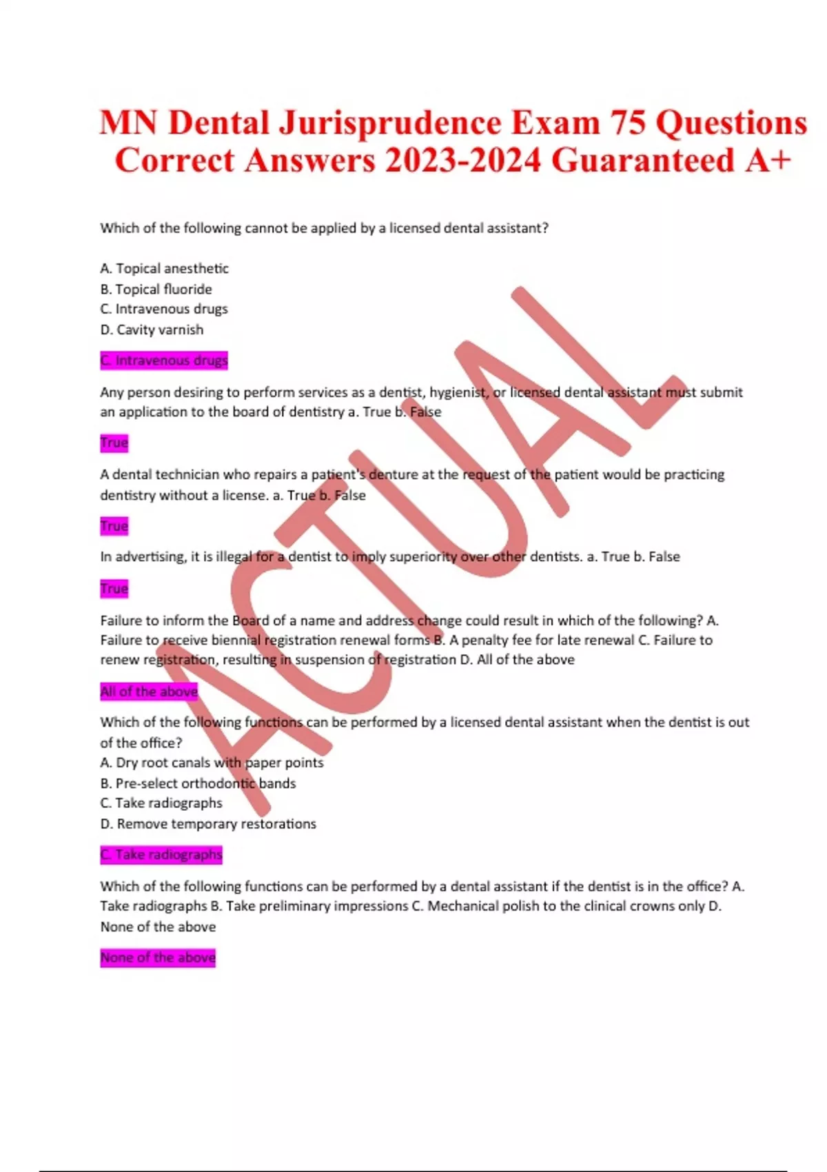 MN Dental Jurisprudence Exam 75 Questions with Correct Answers ...