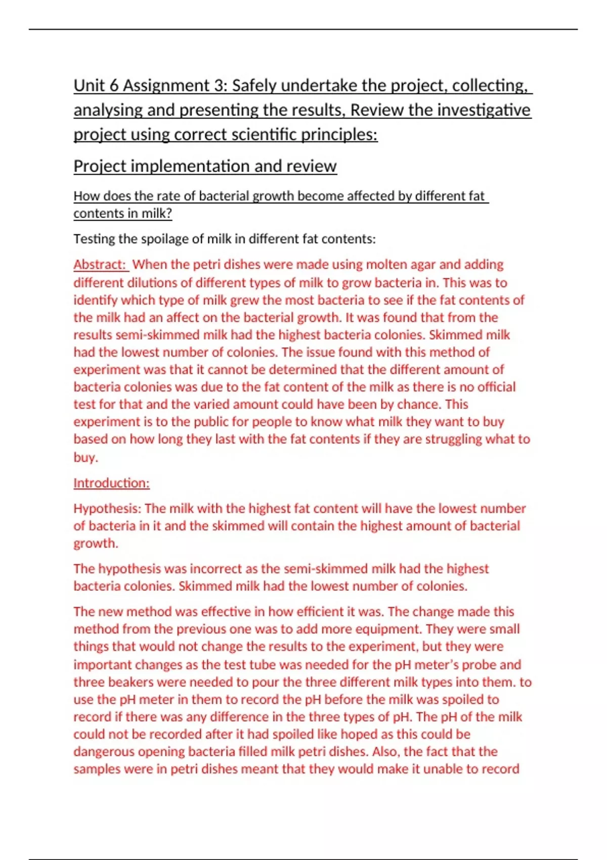 Unit 6 assignment 3 completeing the experiment and analysing the results. - Unit 6 Investigative ...