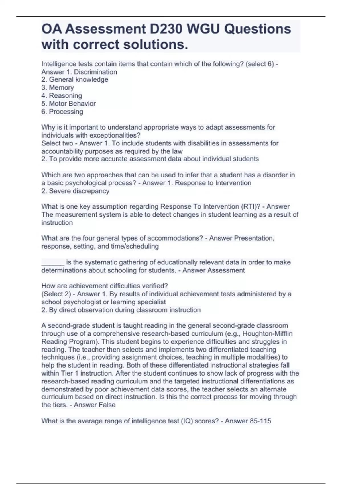 OA ASSESSMENT D230 WGU QUESTIONS WITH CORRECT SOLUTIONS. - WGU D230 - Stuvia US