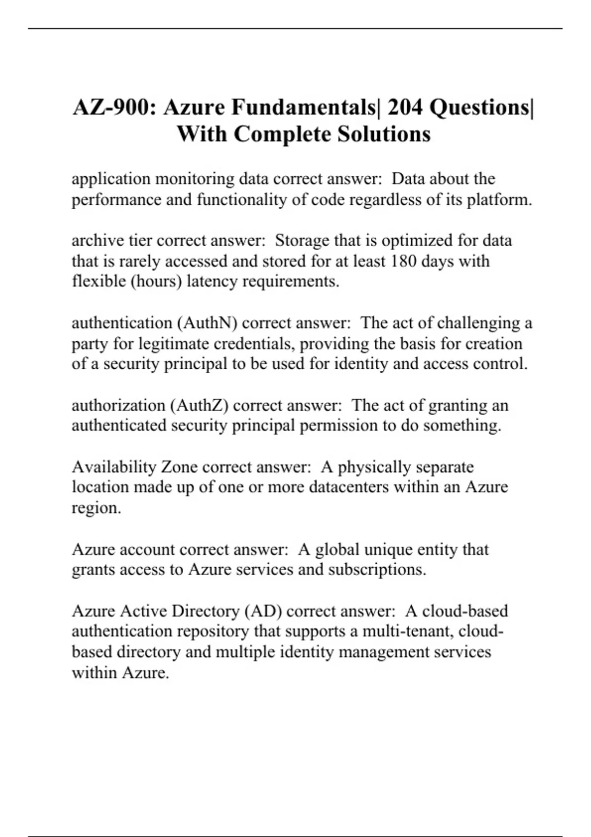 AZ-900: Azure Fundamentals| 204 Questions| With Complete Solutions - AZ ...