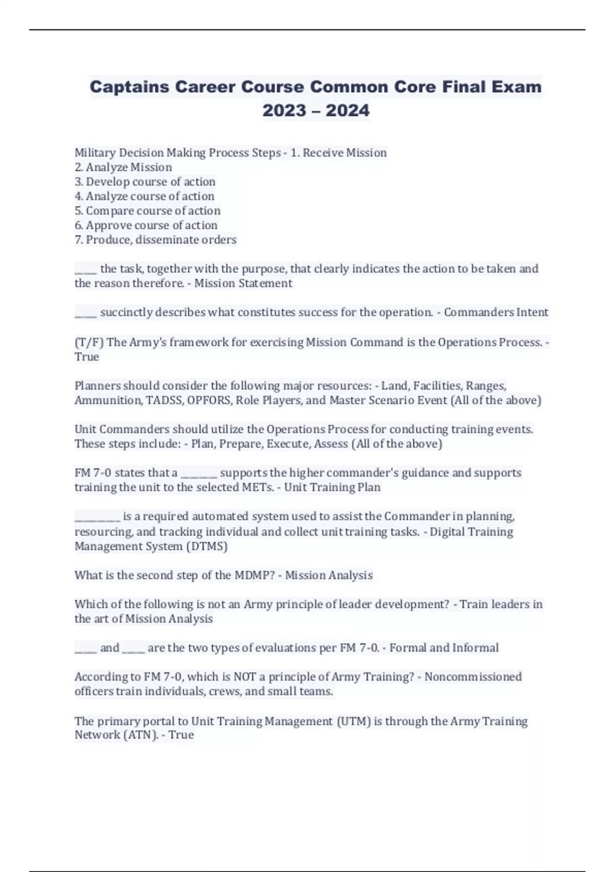 Captains Career Course Common Core Final Exam 2023 – 2024 - Captains ...