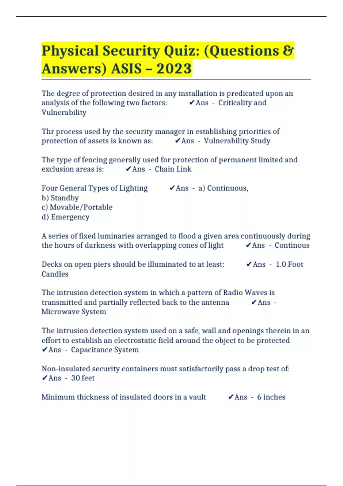 Physical Security Quiz: (Questions & Answers) ASIS – 2023 - ASIS ...