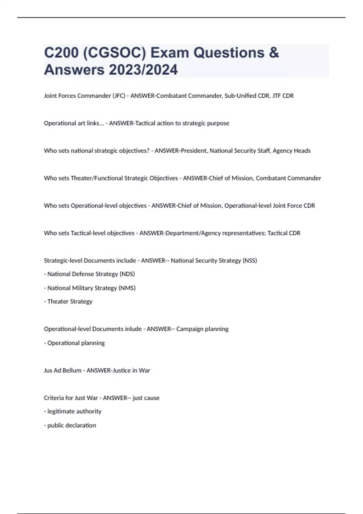 C200 (CGSOC) Exam Questions & Answers 2023/2024 - C200 - Stuvia US