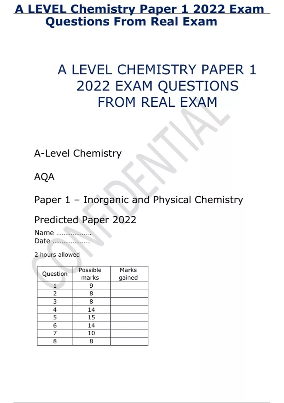 A LEVEL CHEMISTRY PAPER 1 2022 EXAM QUESTIONS FROM REAL EXAM - A LEVEL ...