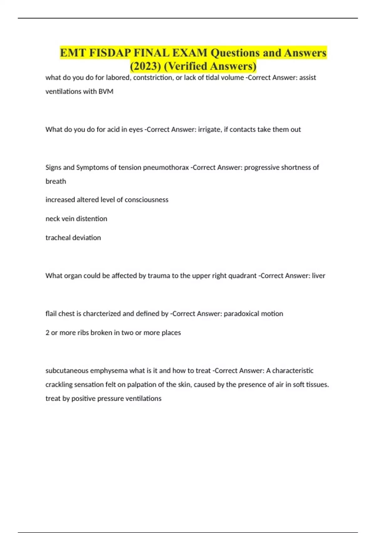 EMT FISDAP FINAL EXAM Questions and Answers (2023) (Verified Answers ...