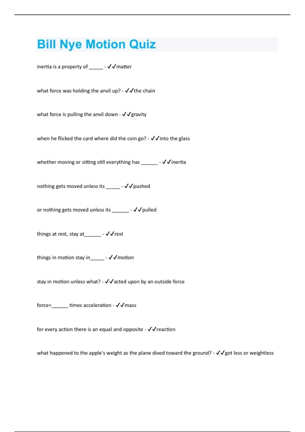 Bill Nye Motion Quiz | Questions and Answers with complete solution ...