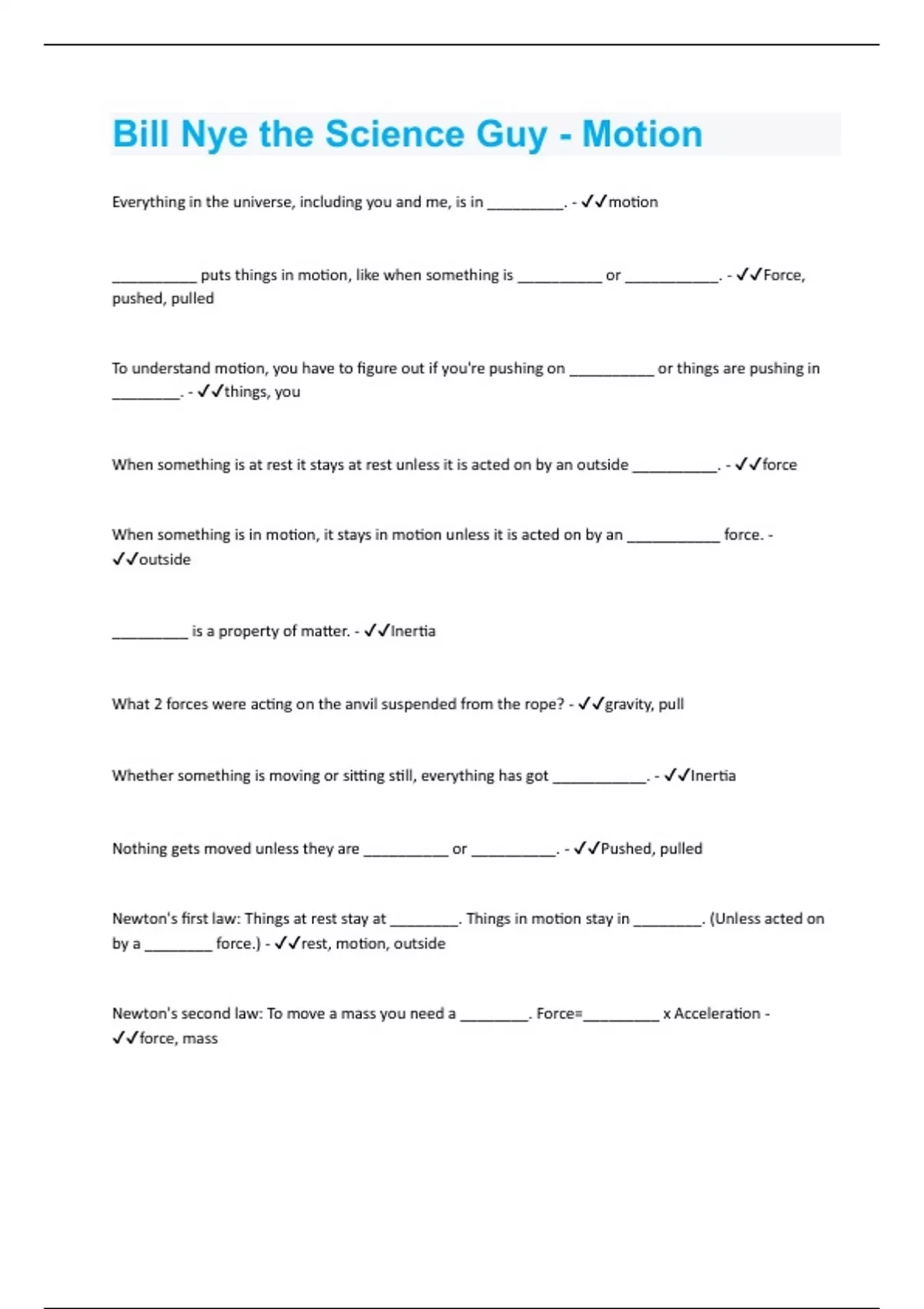 Bill Nye the Science Guy - Motion | Questions and Answers with complete ...