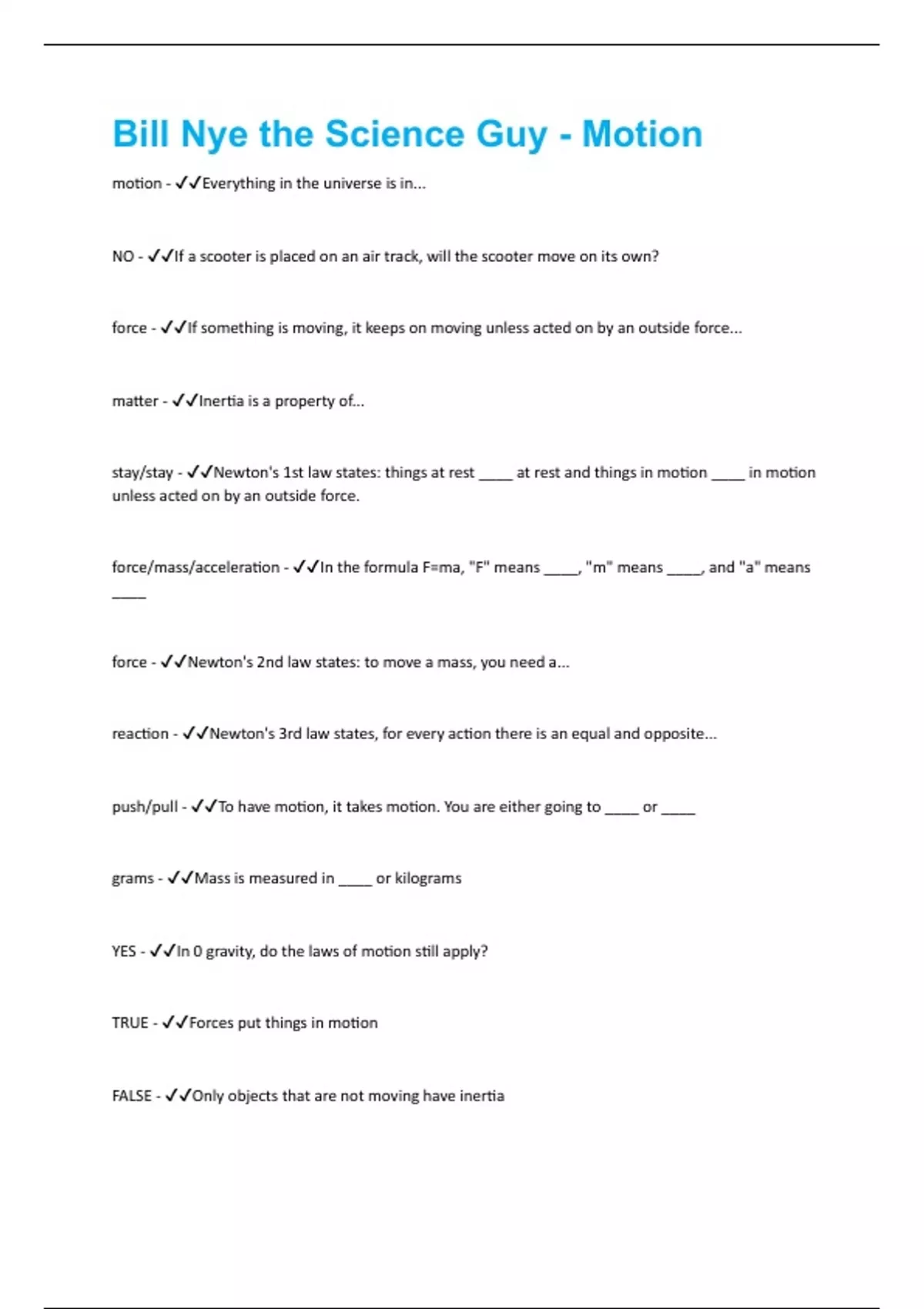 Bill Nye the Science Guy - Motion | Questions and Answers with complete ...