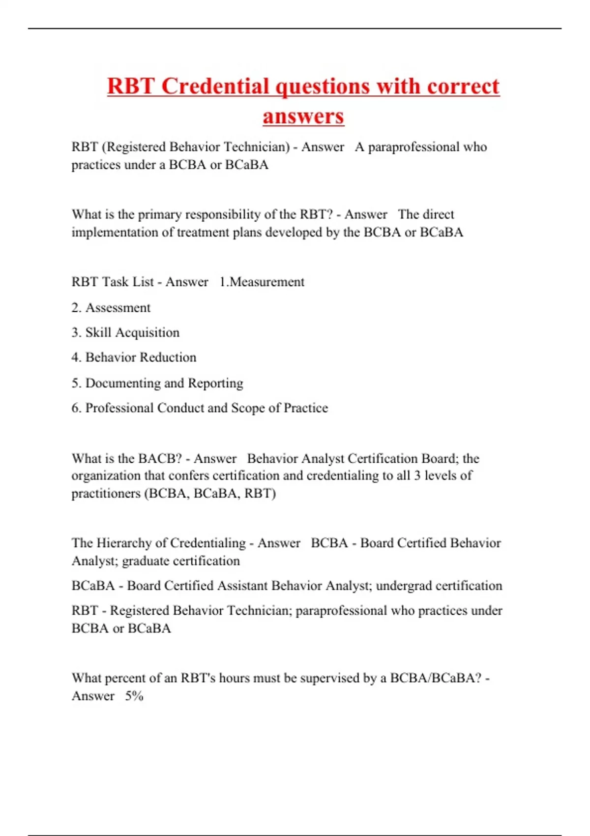 RBT Credential questions with correct answers - Rbt - Stuvia US