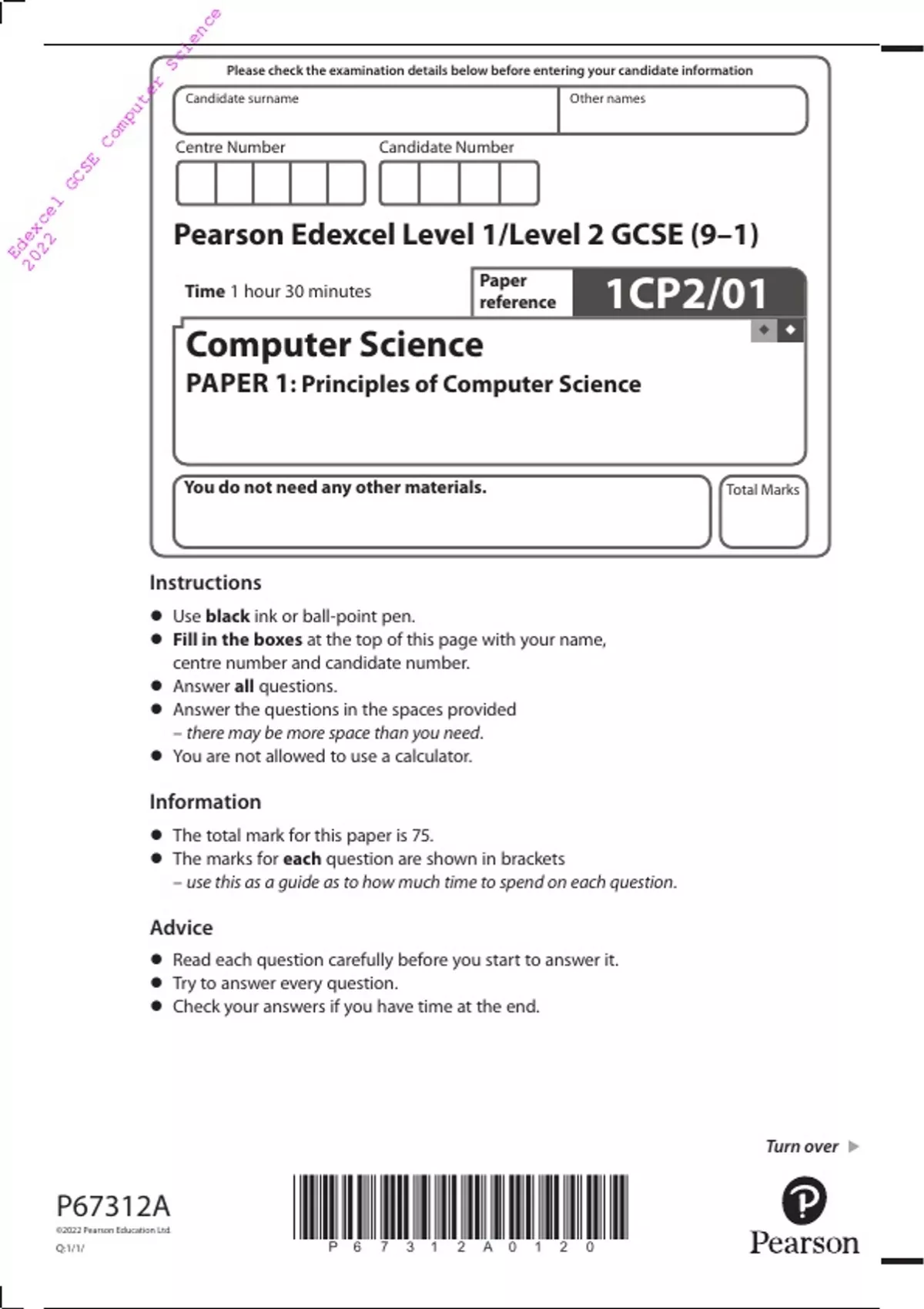 Edexcel Gcse Computer Science Paper 1 Principles Of Computer Science 2022 Computer Science