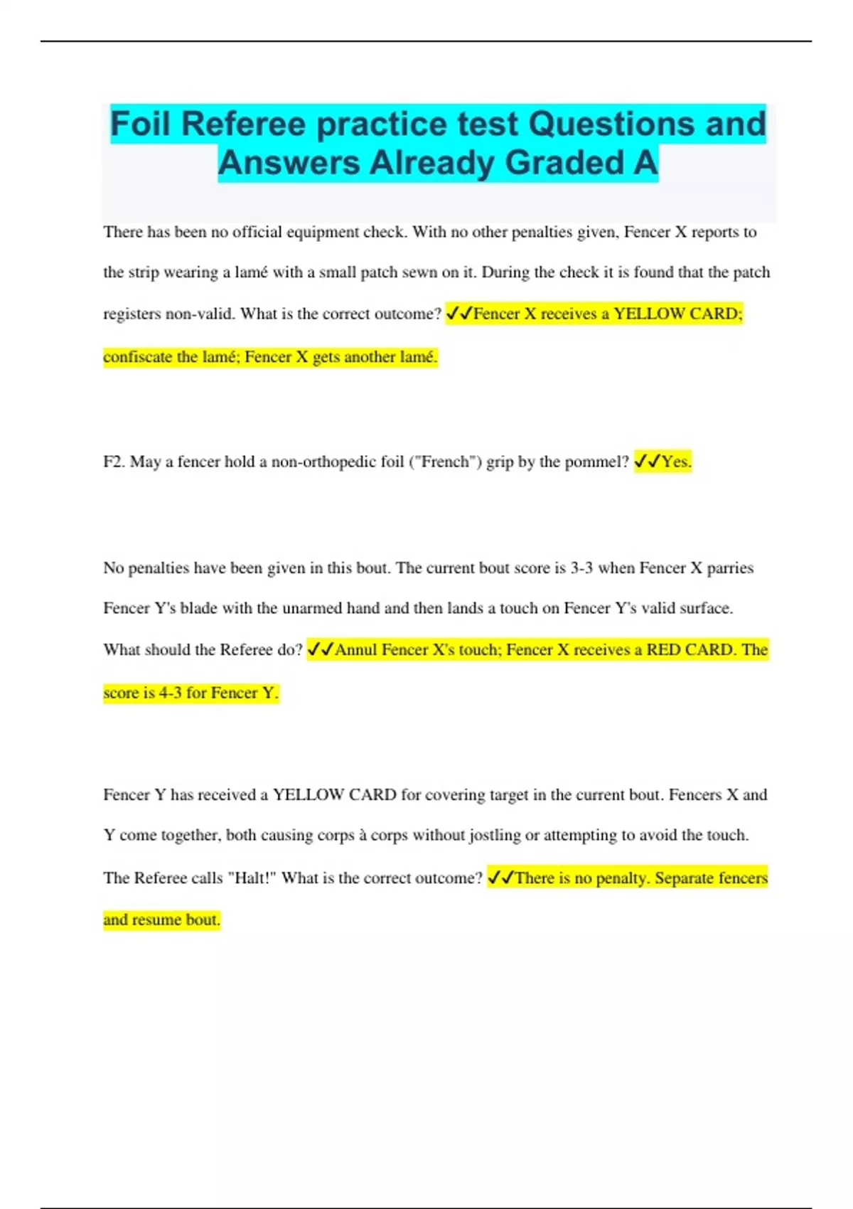 Foil Referee practice test Questions and Answers Already Graded A ...