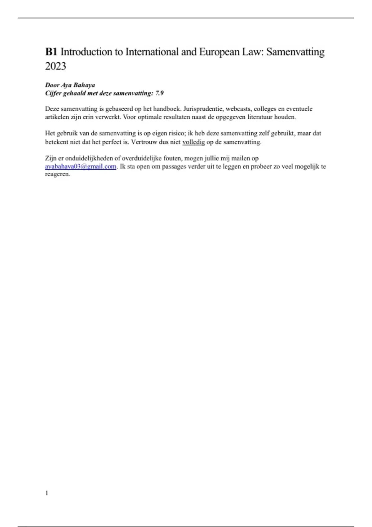 Summary B1 Introduction International and European Union Law Erasmus Universiteit - Introduction ...