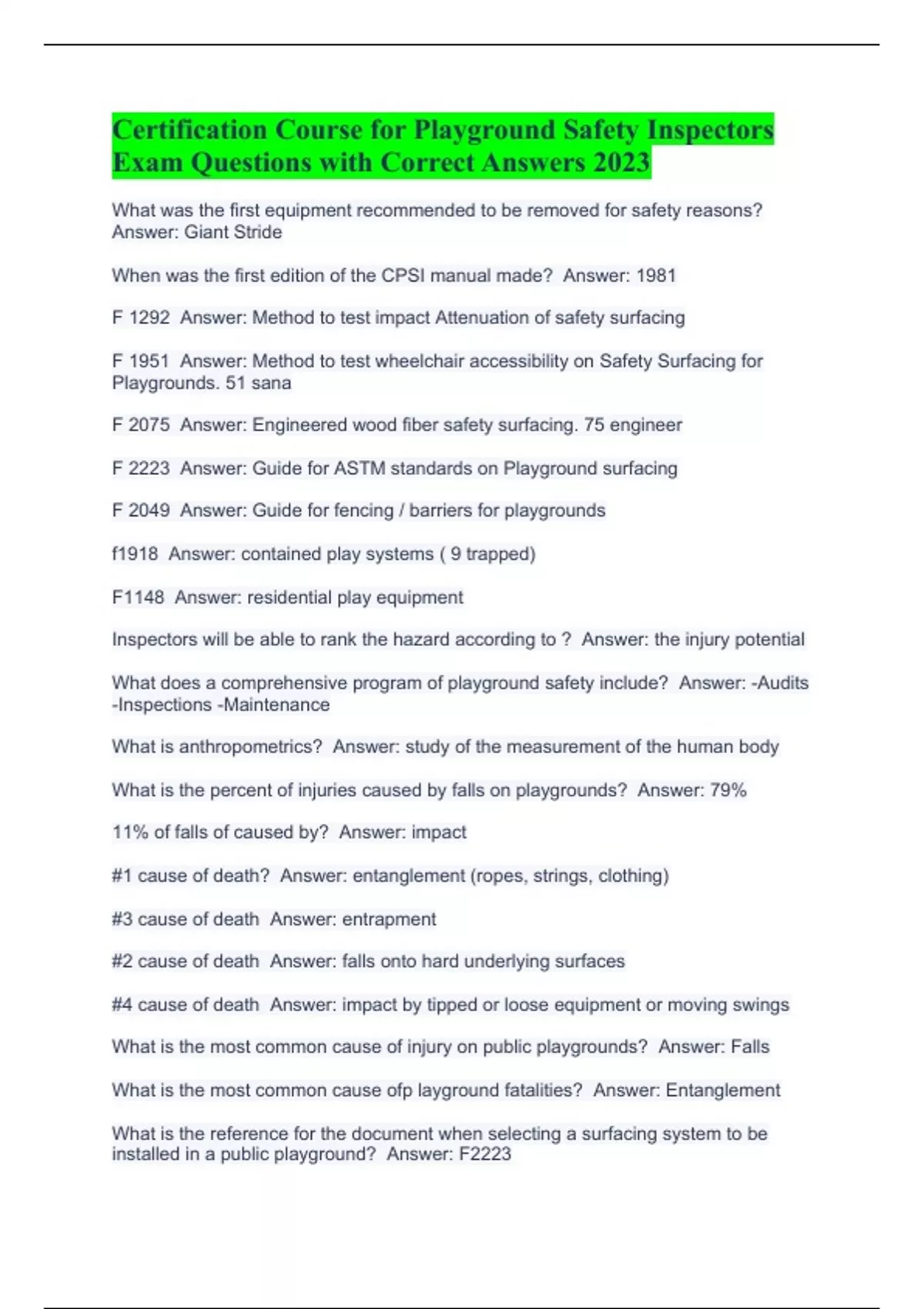 Certification Course for Playground Safety Inspectors Exam Questions ...