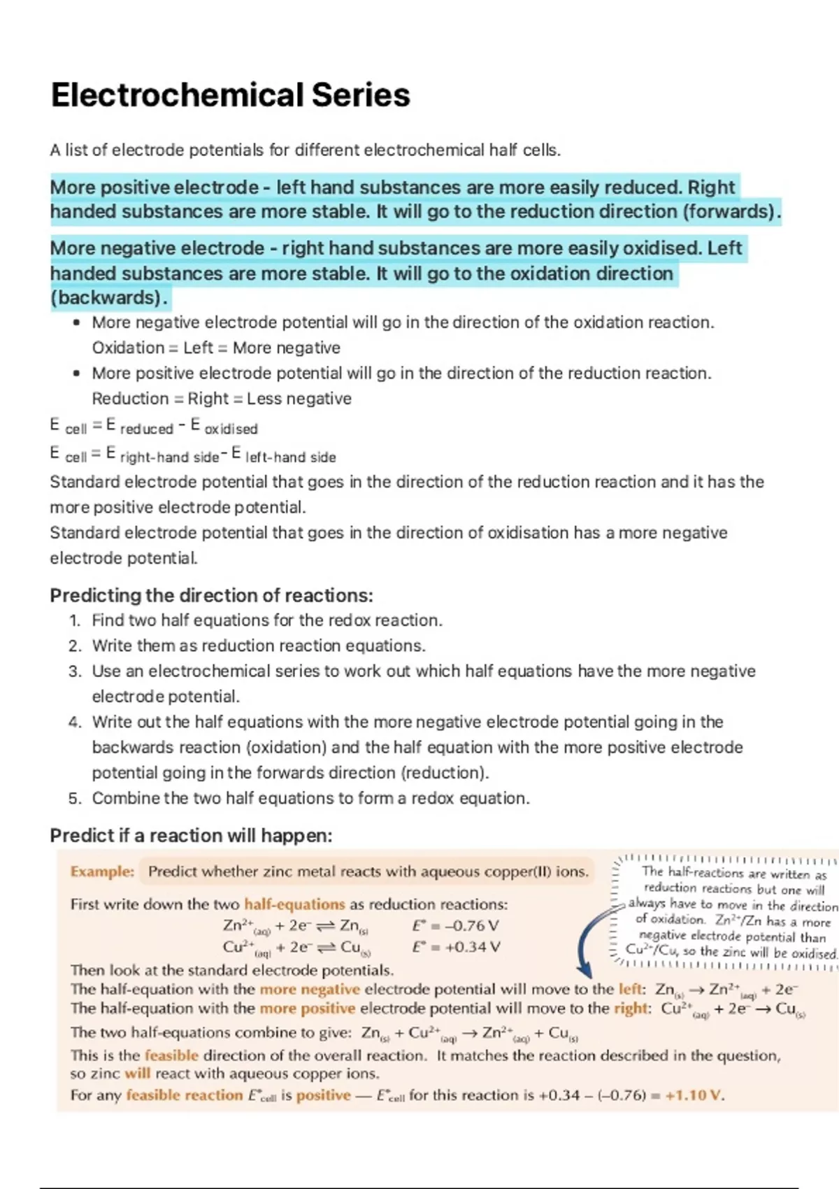 Summary AQA Alevel Chemistry Electrochemical Series - Unit 3.1.11 ...