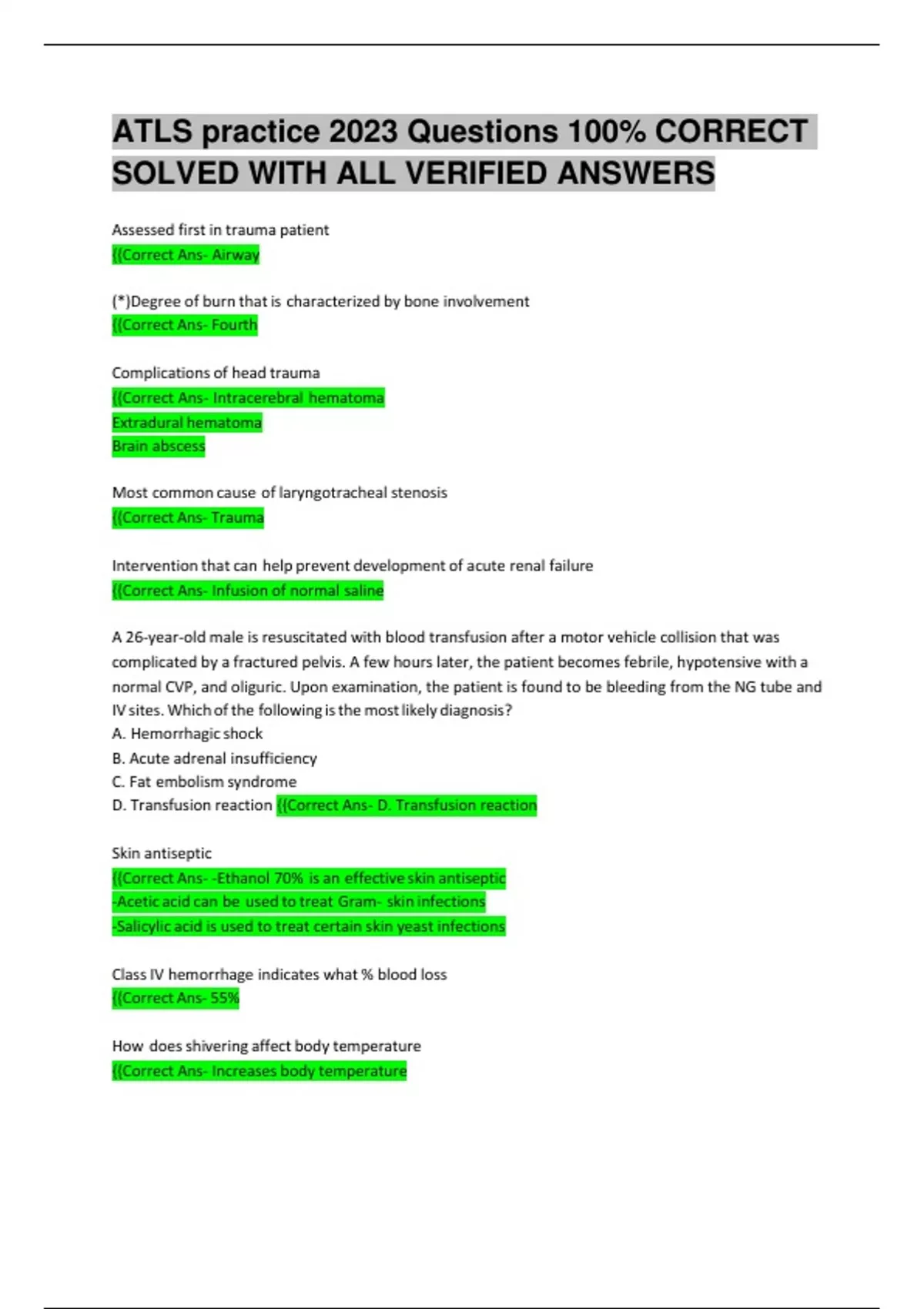 ATLS practice 2023 Questions 100% CORRECT SOLVED WITH ALL VERIFIED ...
