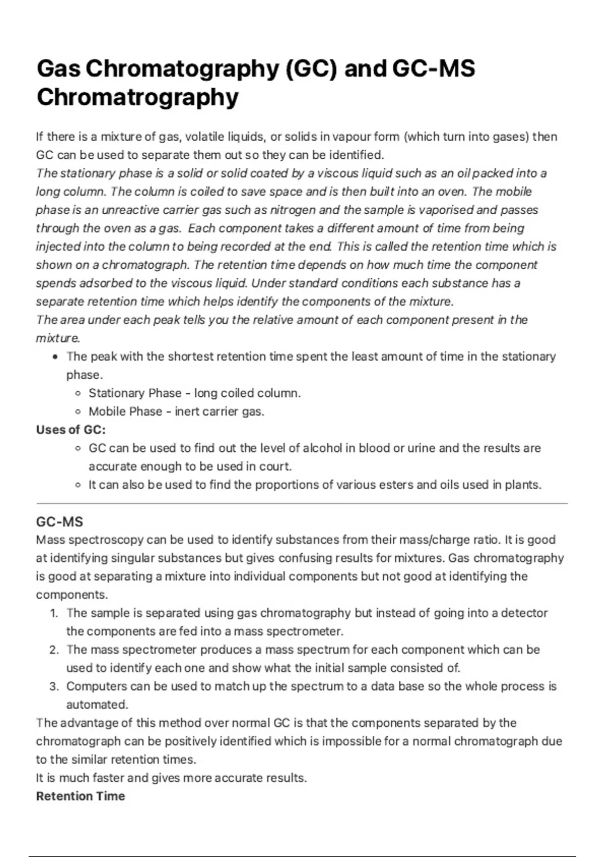 Summary ALevel Chemistry - Gas Chromatography (GC) and GC-MS ...