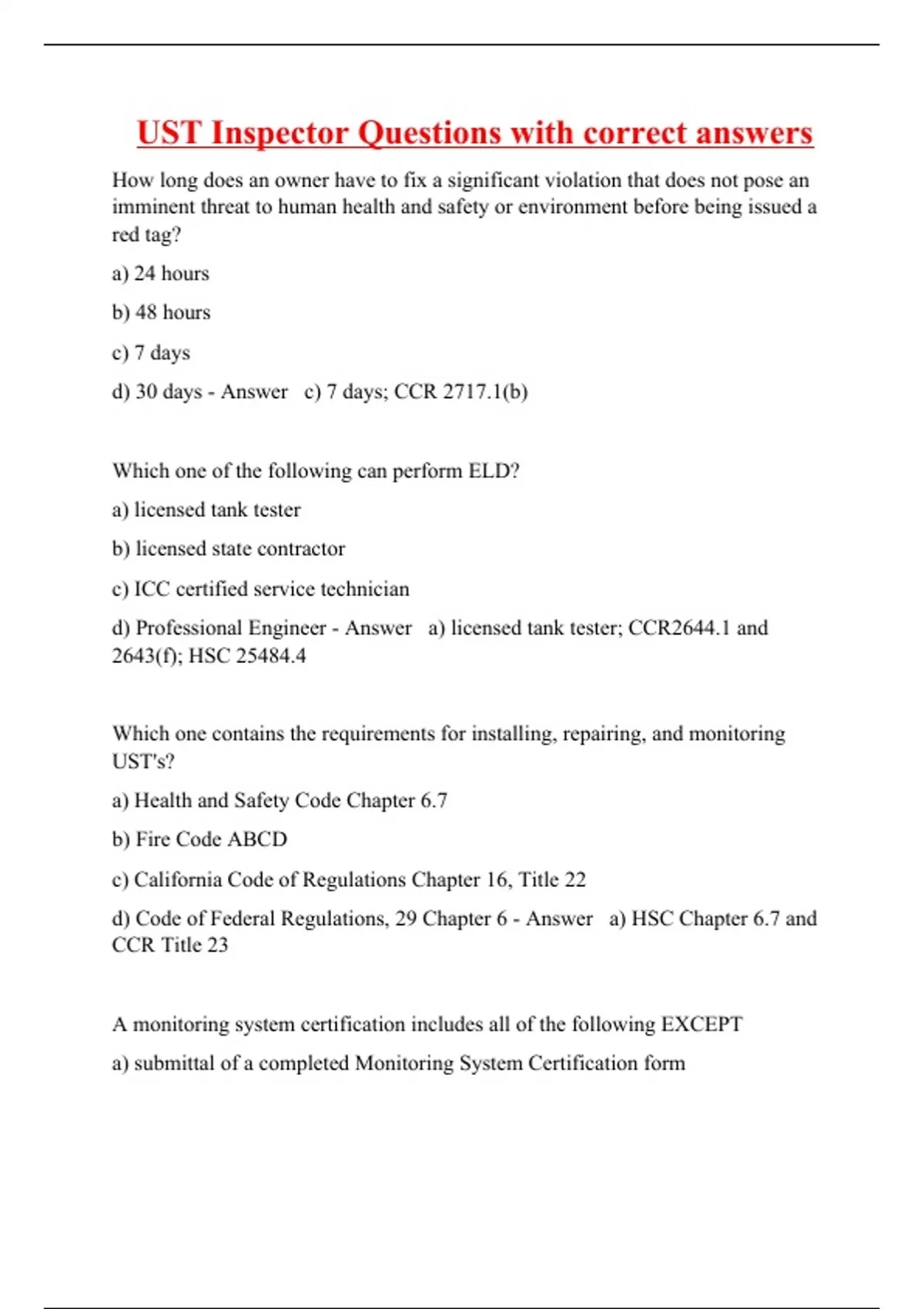UST Inspector Questions with correct answers - UST - Stuvia US