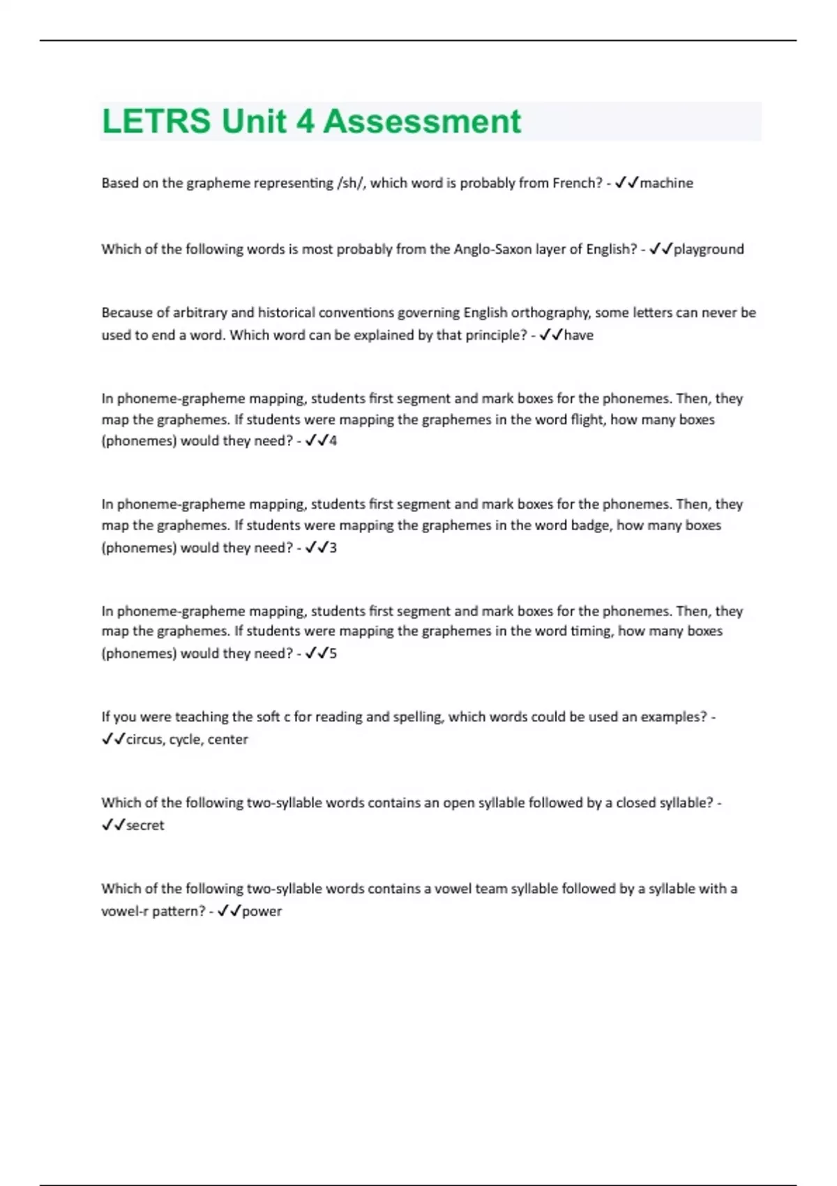 LETRS Unit 4 Assessment Questions and Answers with complete solution ...