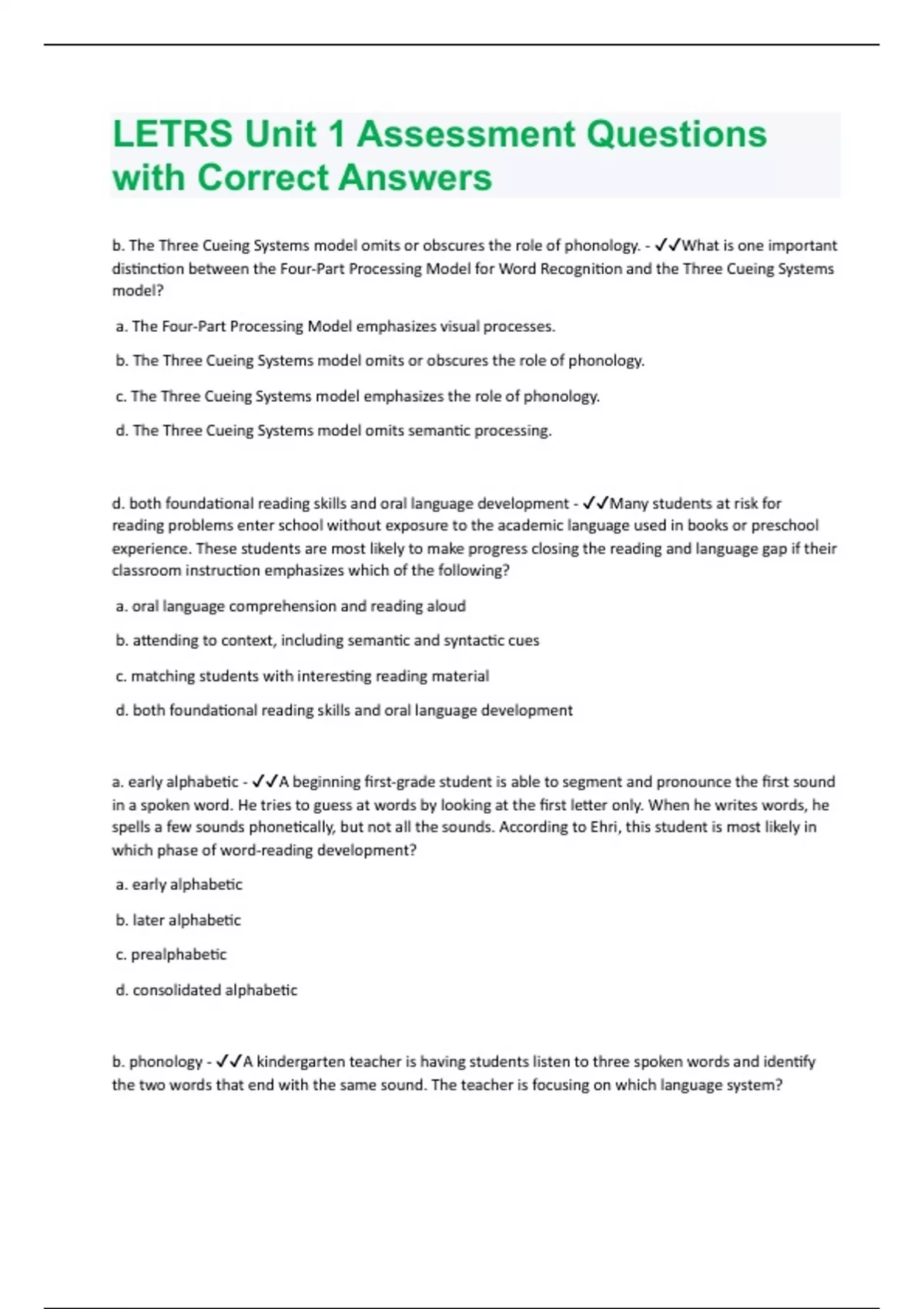 LETRS Unit 1 Assessment Questions with Correct Answers Questions and ...