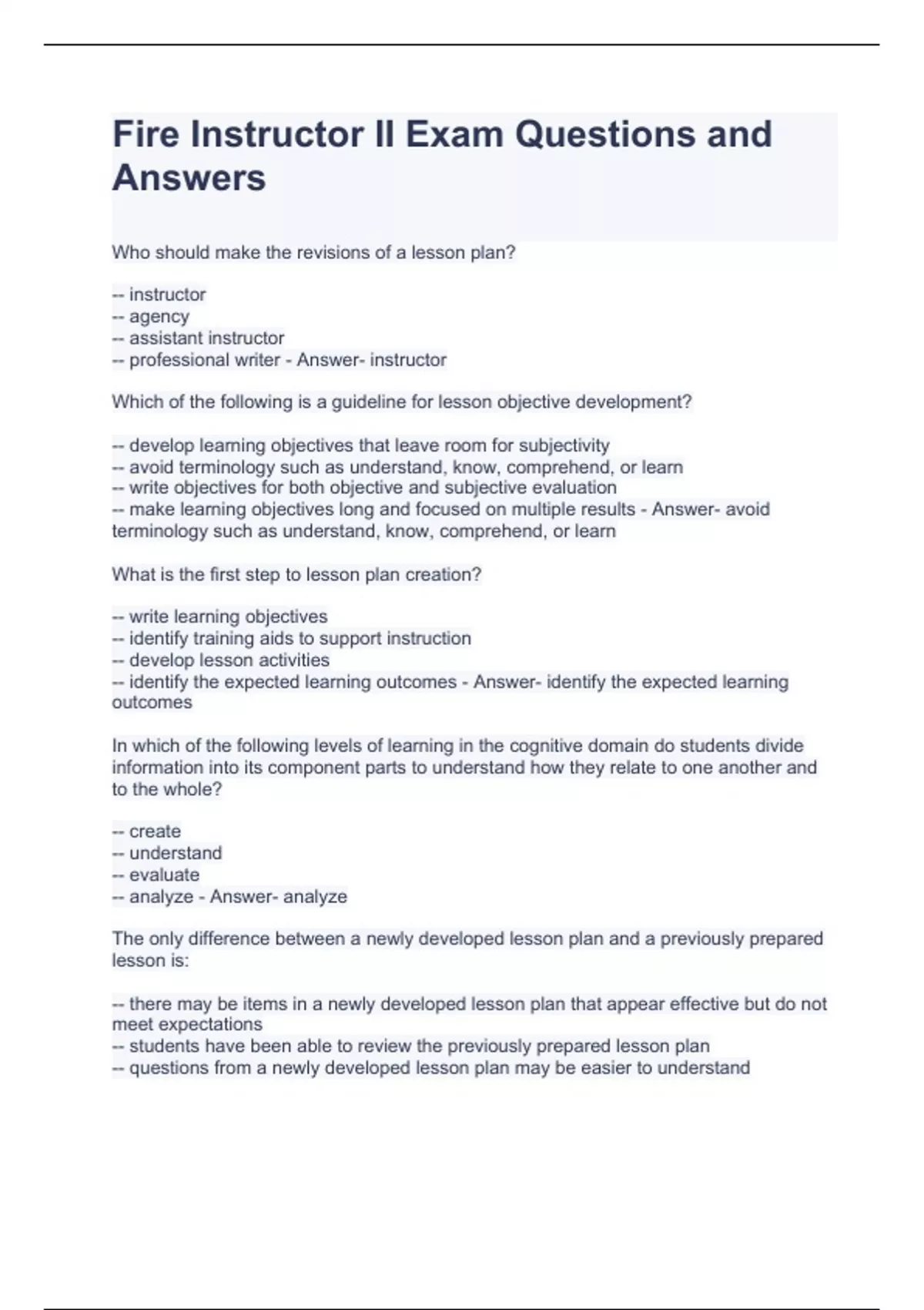 Fire Instructor II Exam Questions and Answers - Fire Instructor - Stuvia US