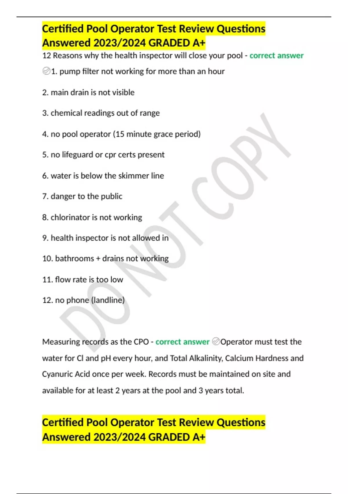 Certified Pool Operator Test Review Questions Answered 2023/2024 GRADED ...