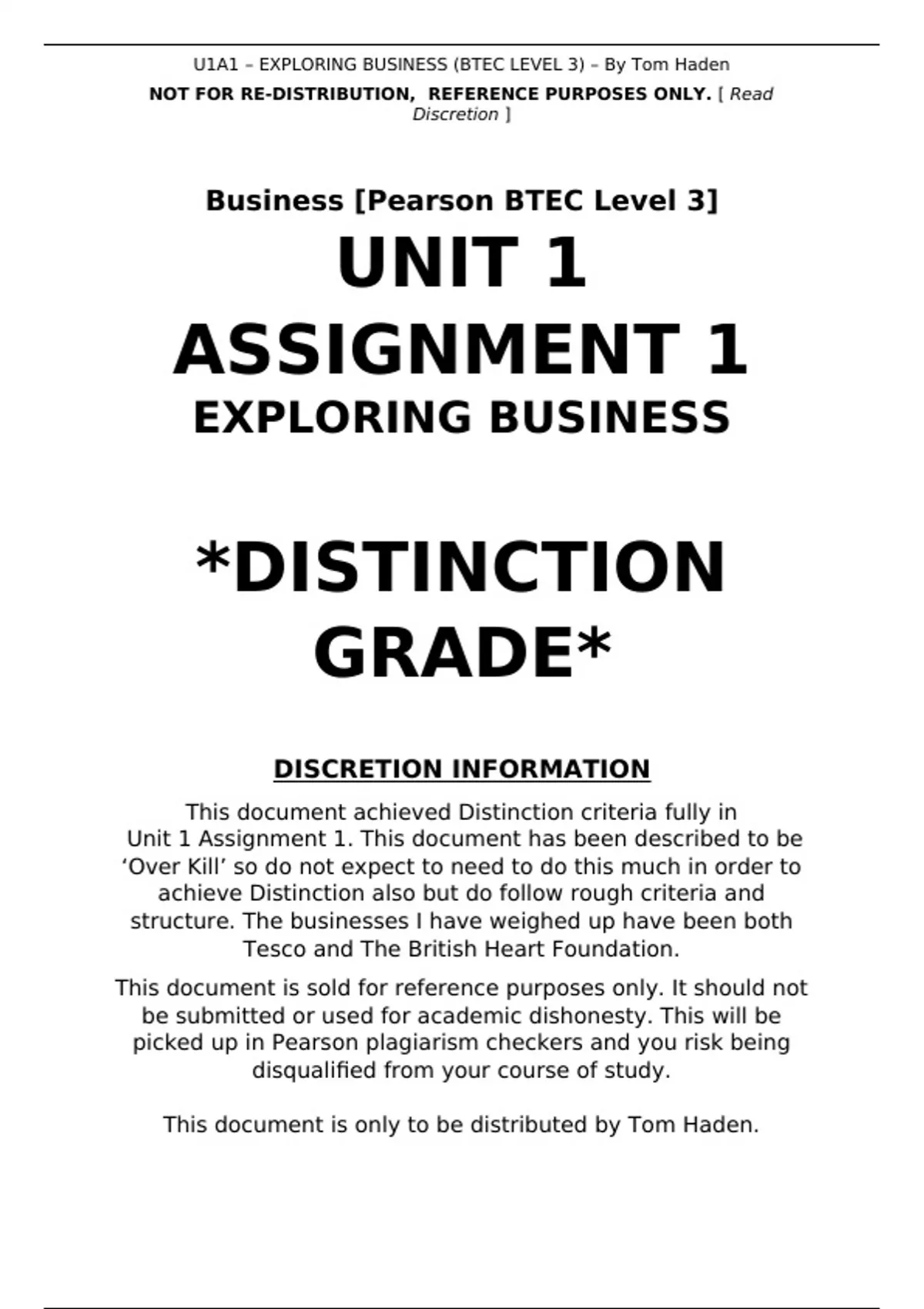 Unit 1 Assignment 1 Exploring Business Distinction Grade Unit 1 Exploring Business